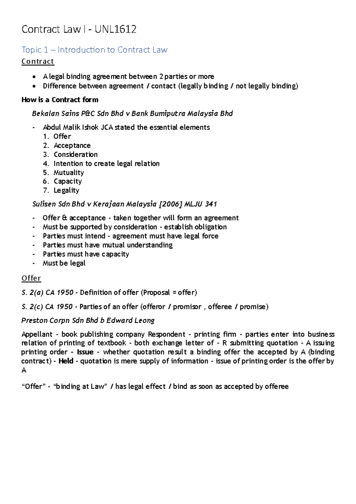 Contract Law Notes - Chapter 1 - 3 - Contract Law I - UNL Topic 1 ...