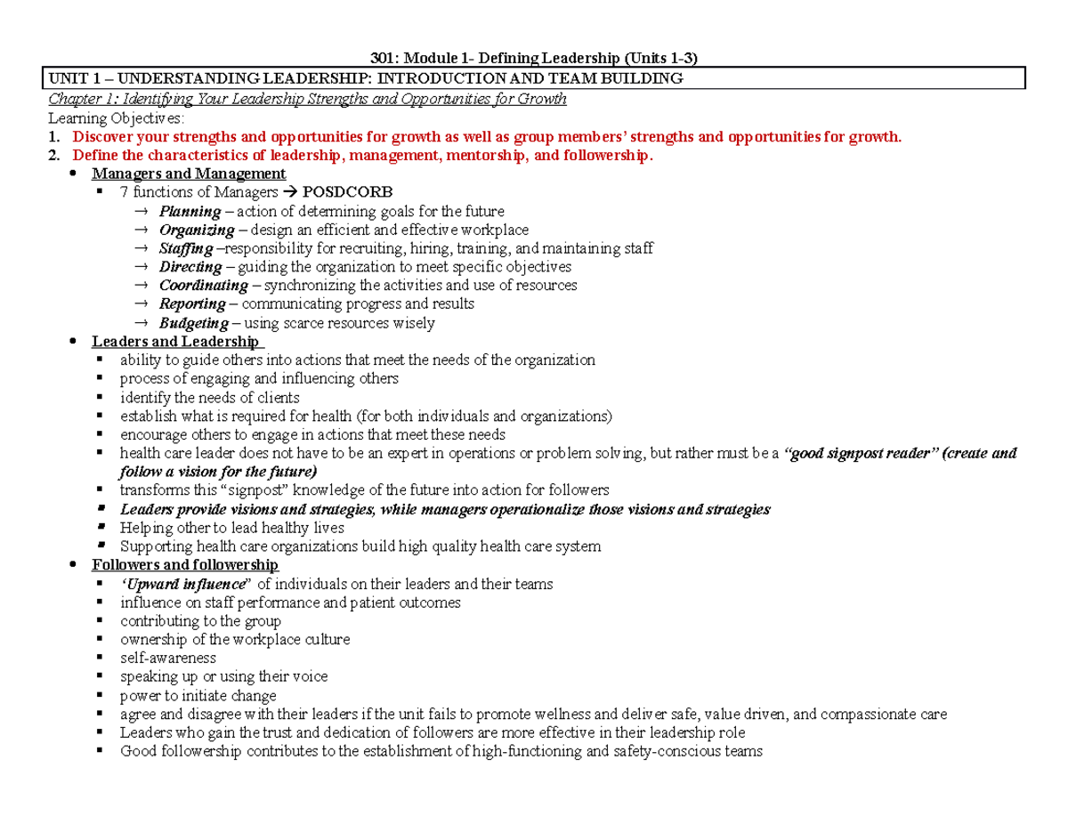 301 Module 1 - notes - UNIT 1 – UNDERSTANDING LEADERSHIP: INTRODUCTION ...