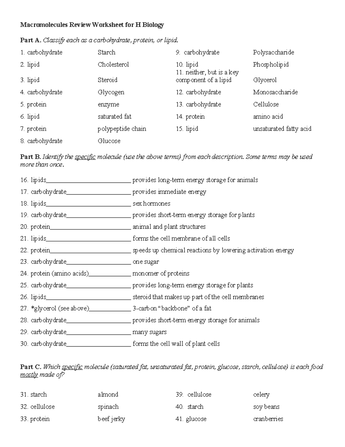 Marocmolecule review worksheet - answer key 2 - Macromolecules Review ...