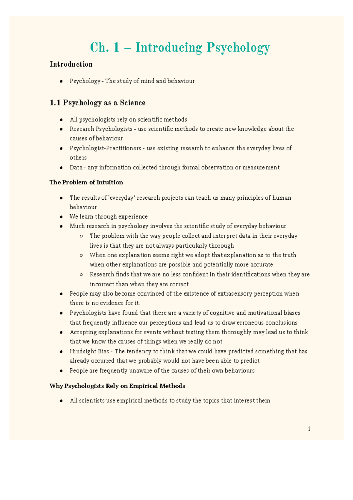 Psychology-120-notes - Ch. 1 – Introducing Psychology Introduction ...