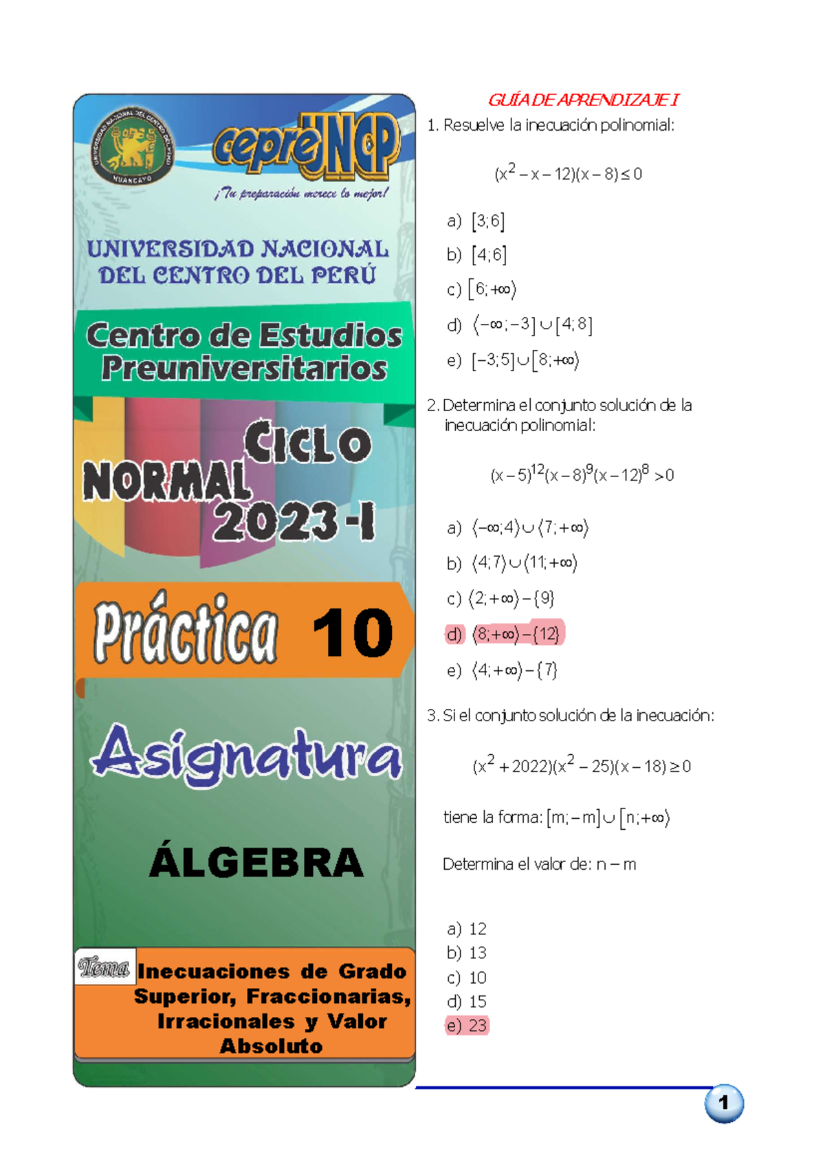 Ã Lgebra 10 CN - Practica de ejercicos nivel preuniversitario - 1 GUÍA DE APRENDIZAJE I 1 ...