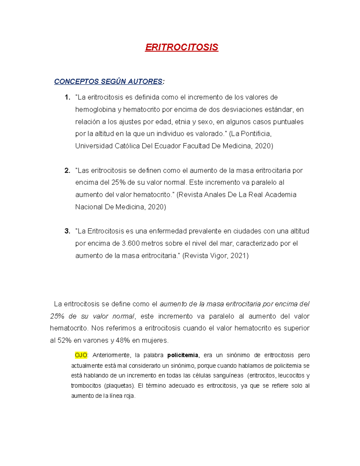 fisiopatologiasssss - ERITROCITOSIS CONCEPTOS SEGÚN AUTORES: 1. “La ...