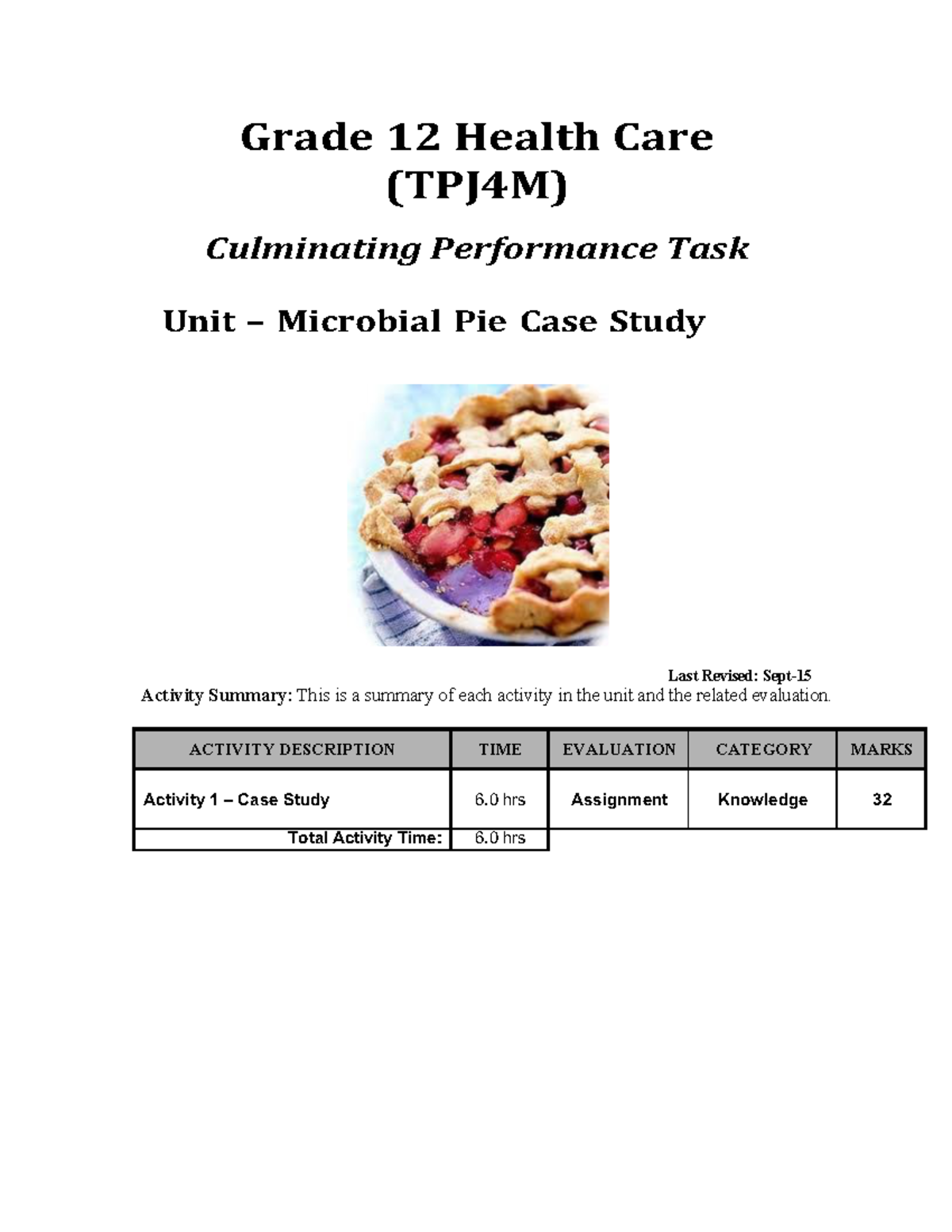 Microbial Pie - ACTIVITY DESCRIPTION TIME EVALUATION CATEGORY MARKS ...