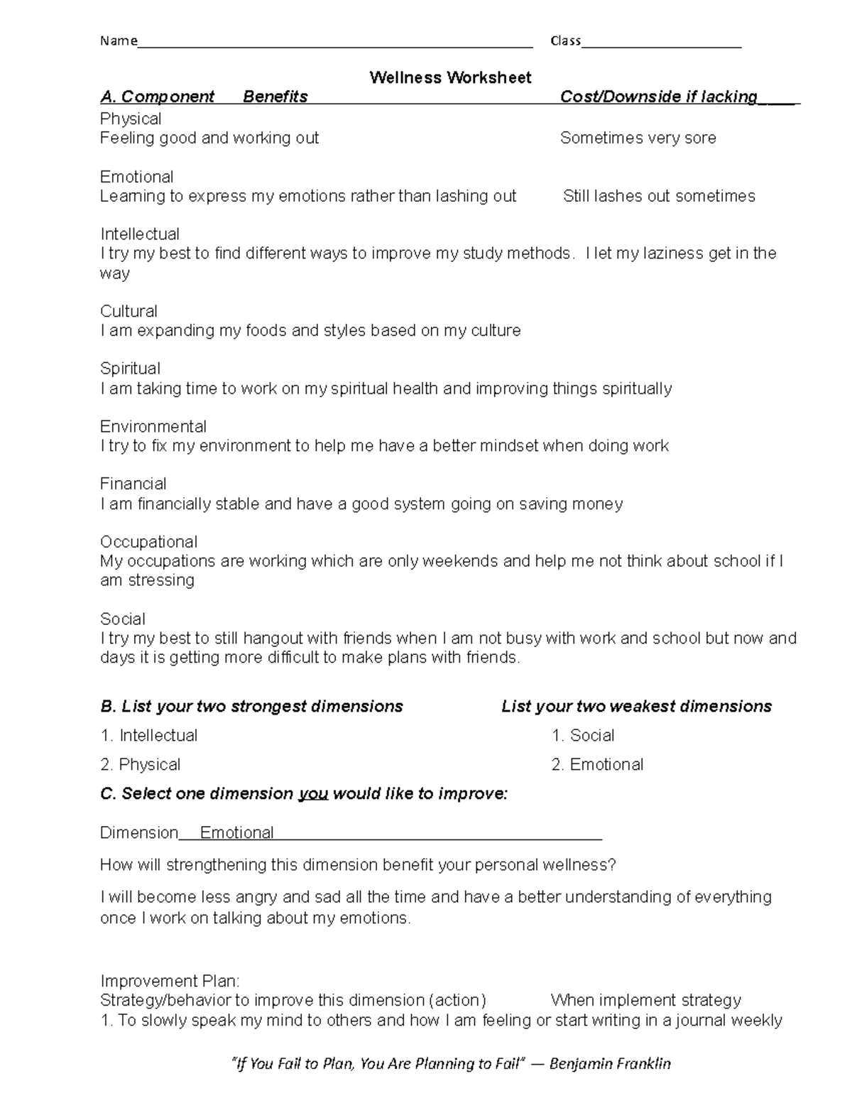 Wellness Worksheet - idk - Name ...