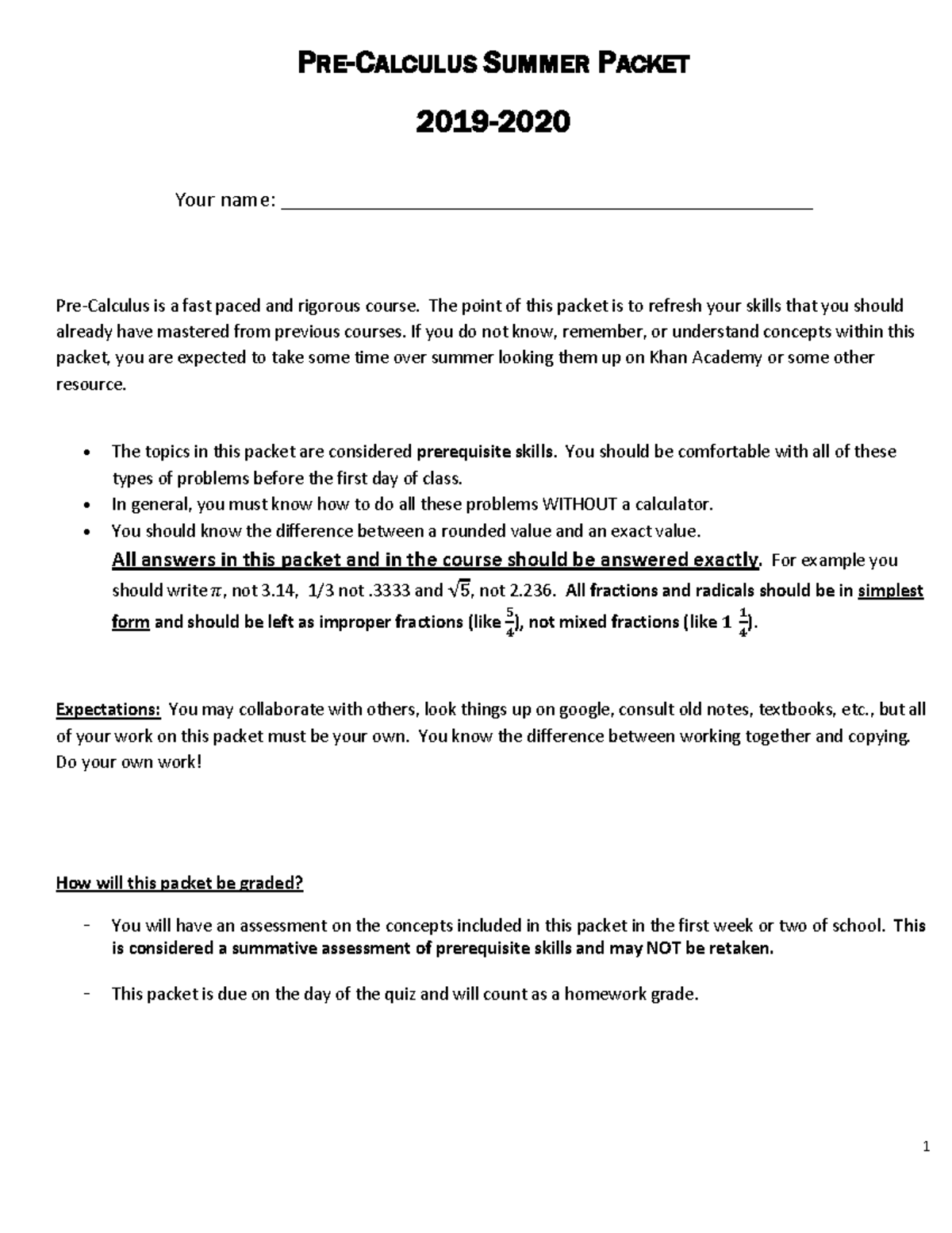 Pre-calculus 20summer 20packet 202019 updated - PRE-CALCULUS SUMMER ...