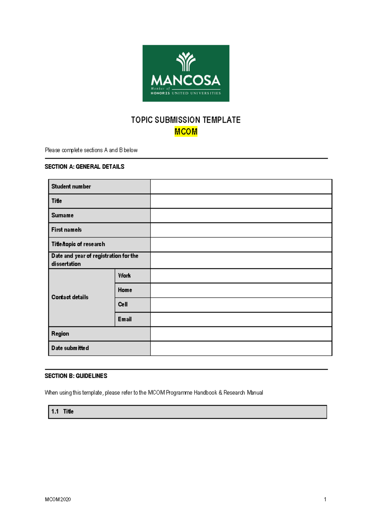 MCOM Topic Submission Template - MCOM 2020 1 TOPIC SUBMISSION TEMPLATE ...