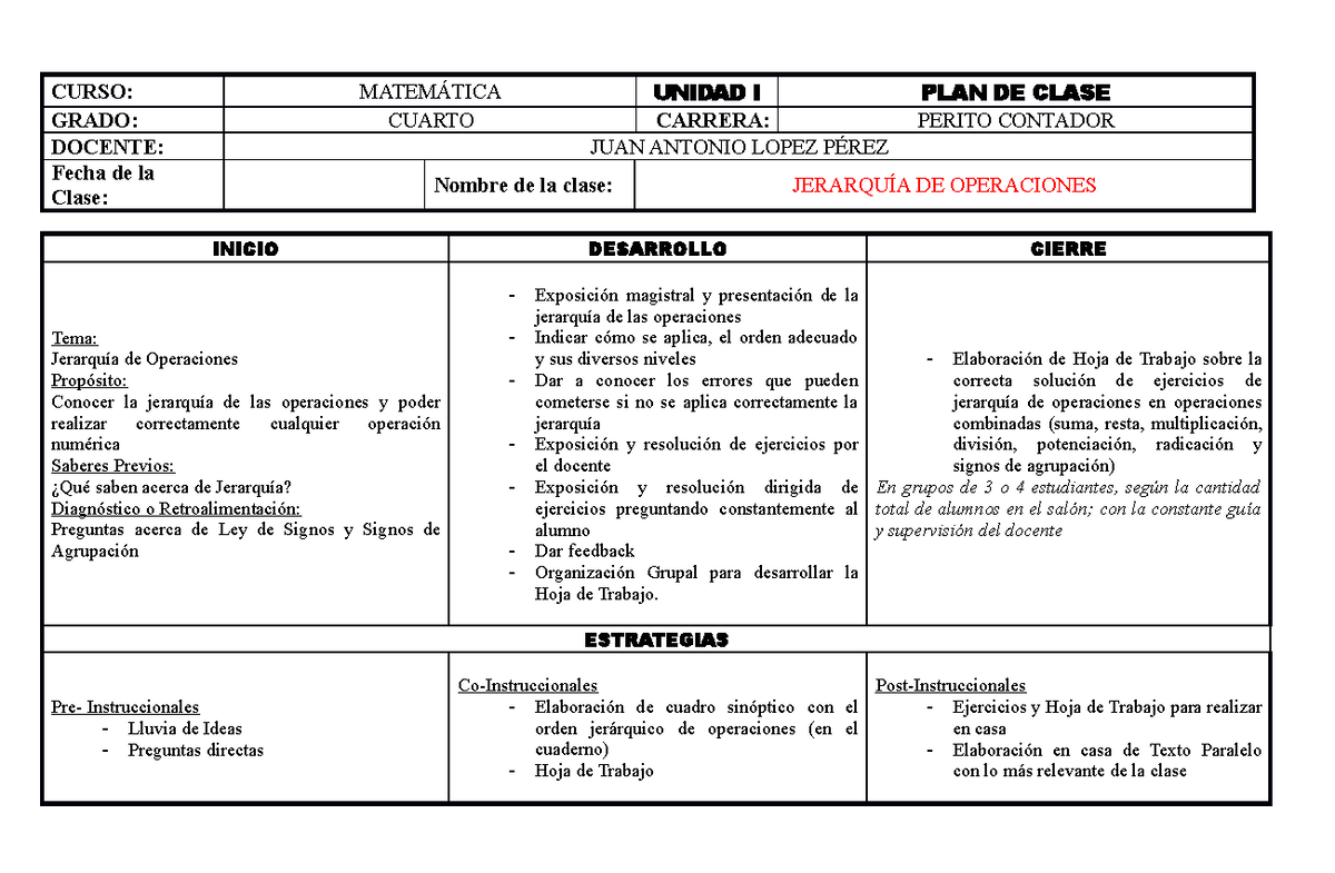 DG Plan de Clase - En grupos de 3 o 4 estudiantes, según la cantidad ...