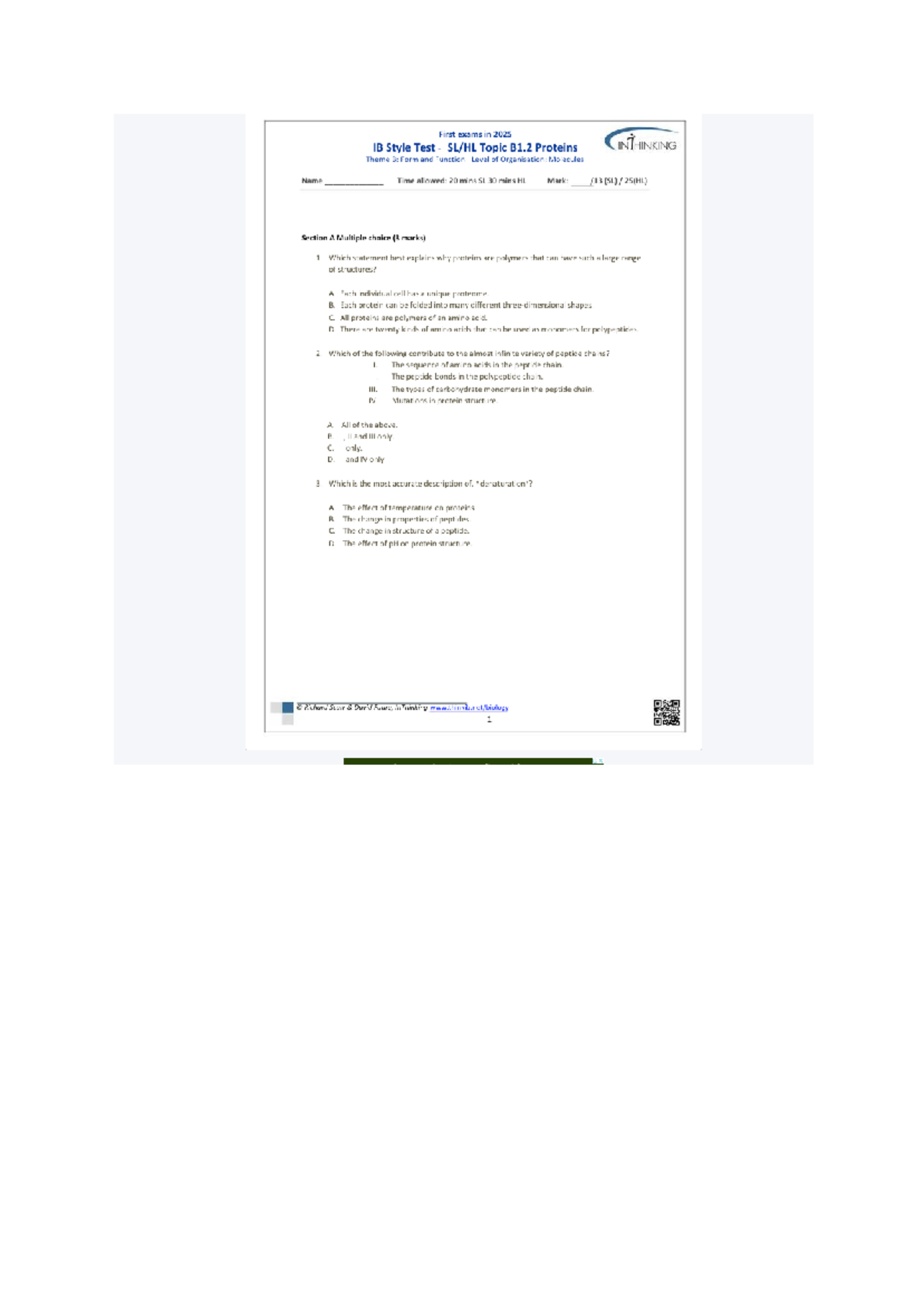 B1.2 Inthinking Topic TEST - First exams in 2025 IB Style Test Topic B1 ...