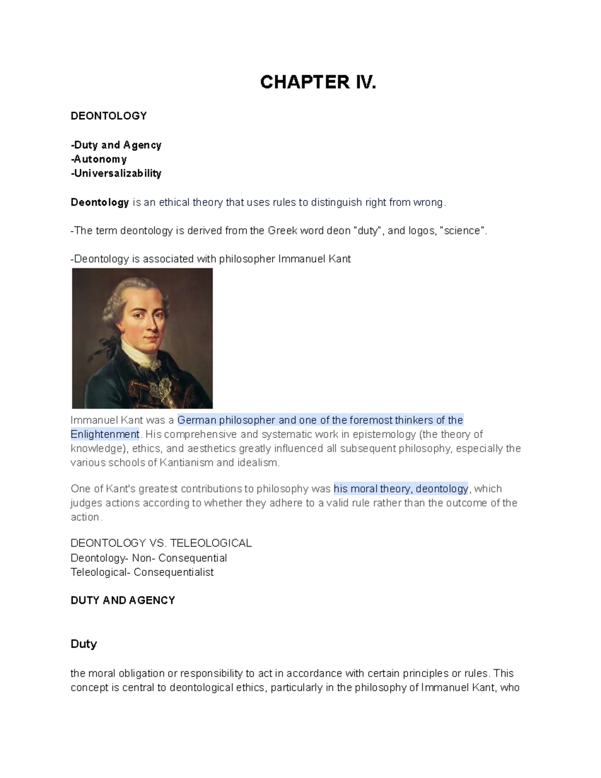 Deontology - CHAPTER IV. DEONTOLOGY -Duty and Agency -Autonomy -Universalizability Deontology is ...