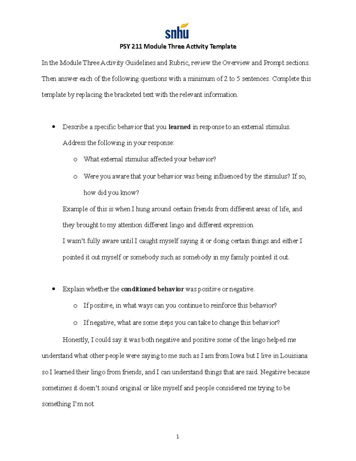 PSY 211 Module Three Activity Template - Then answer each of the ...
