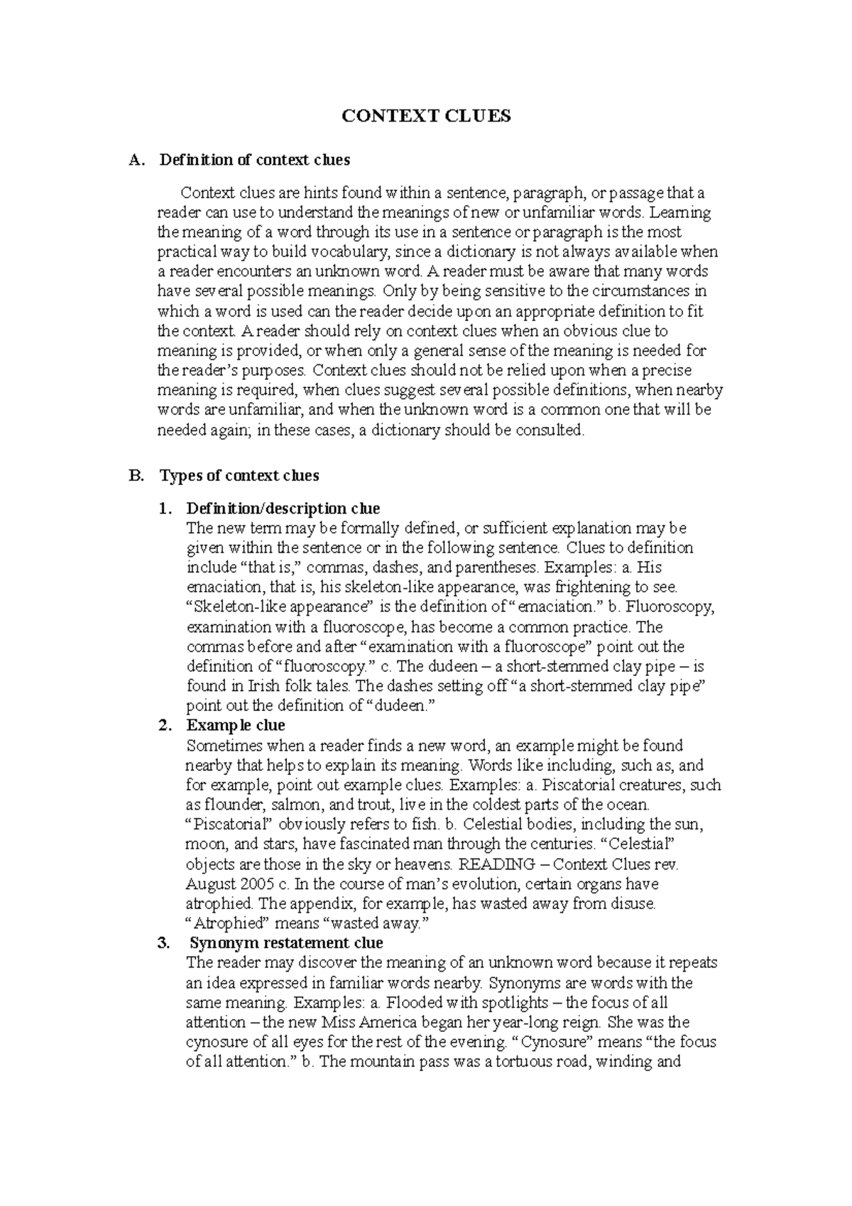 Context Clues - CONTEXT CLUES A. Definition of context clues Context clues are hints found ...