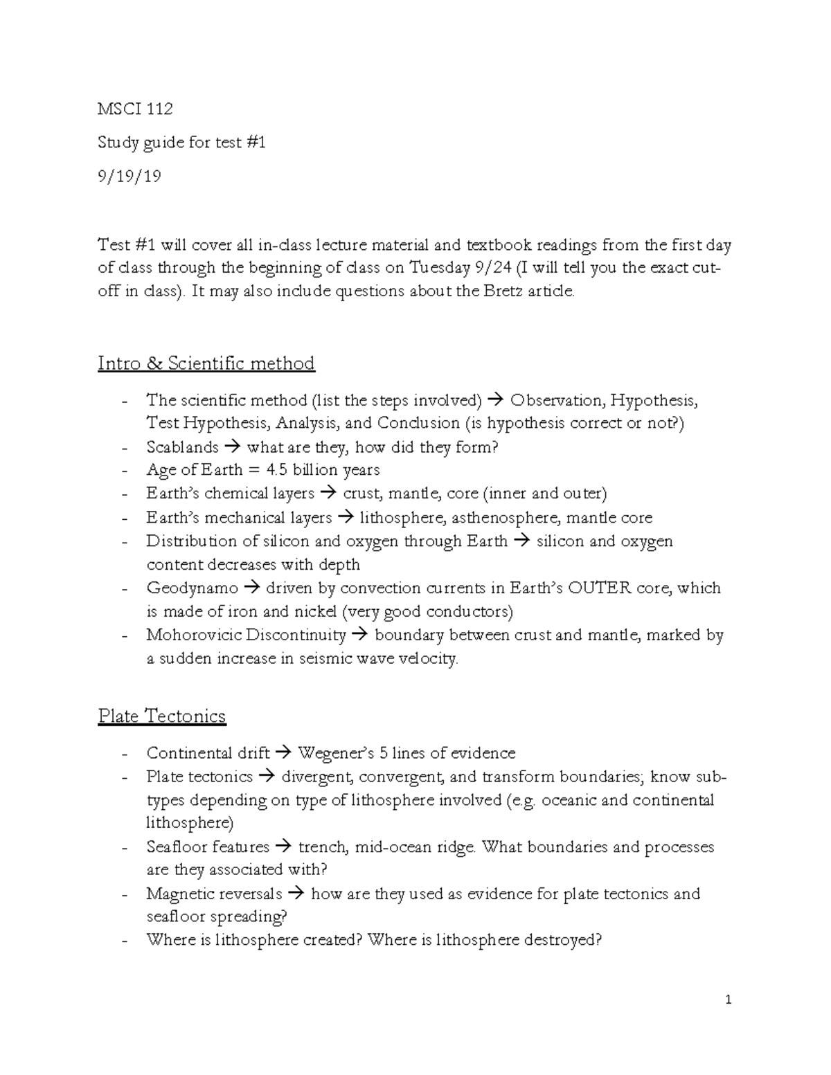 MSCI 112 Test1 Study Guide - 1 MSCI 112 Study guide for test # 9 /19 ...