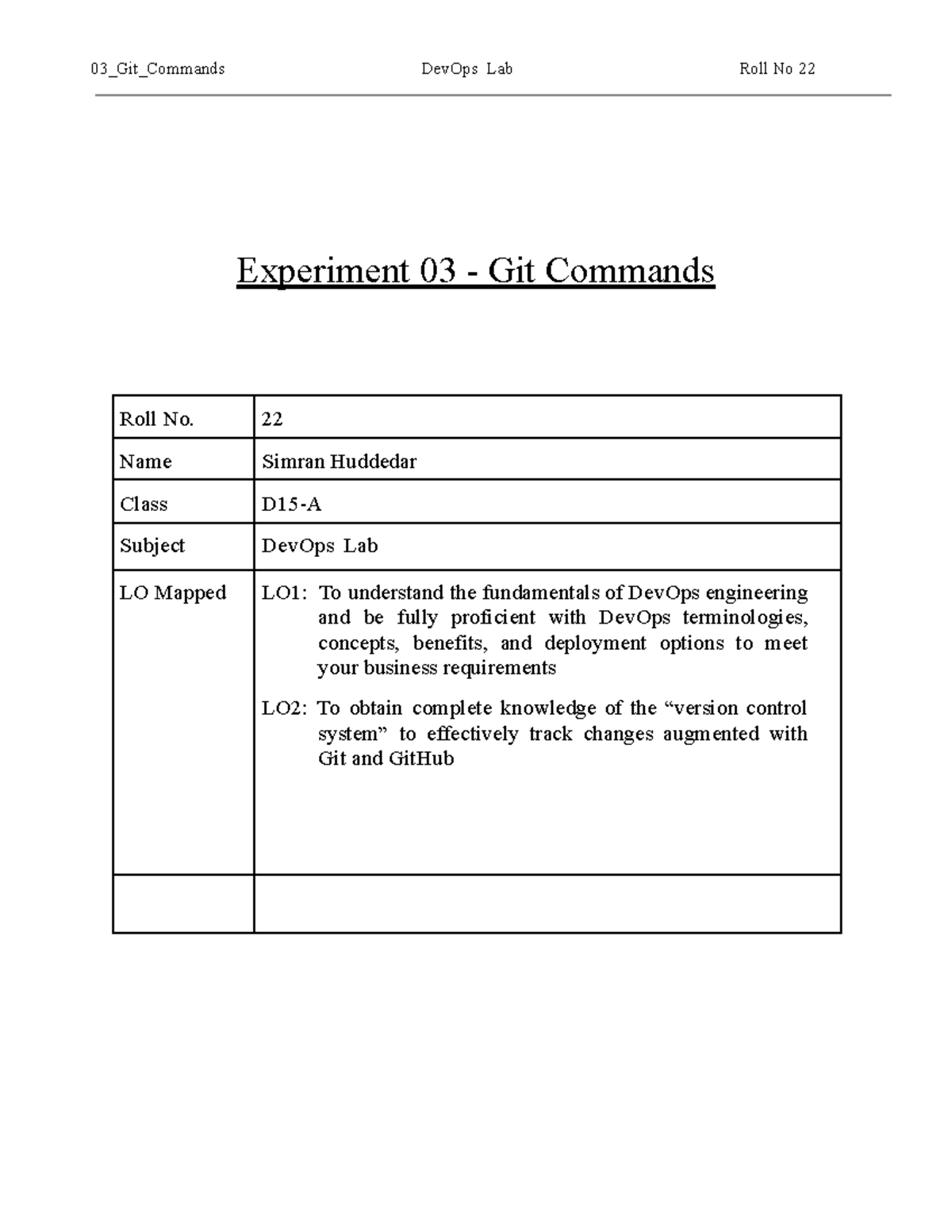 Simran Huddedar - 03 Expt Git Commands - Experiment 03 - Git Commands Roll No. 22 Name Simran ...