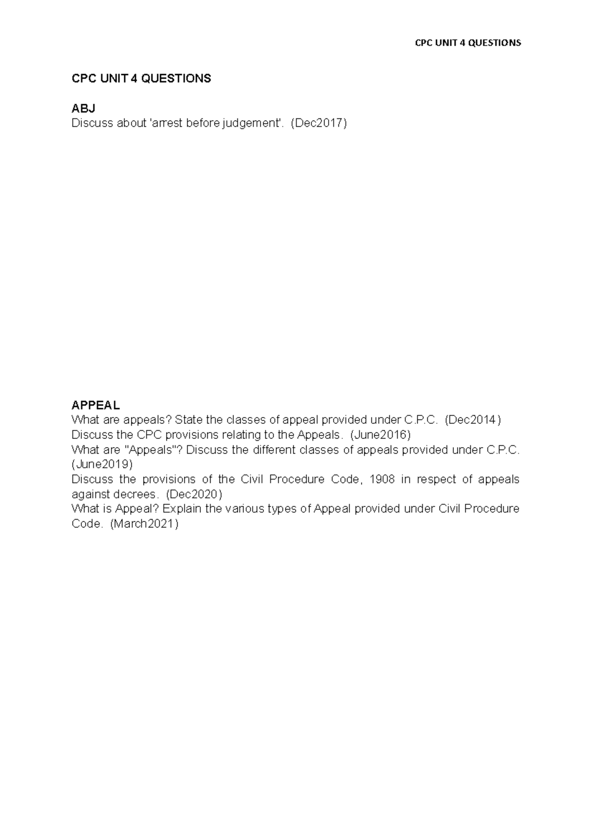 CPC UNIT 4 Q Papers - CPC UNIT 4 QUESTIONS ABJ Discuss about 'arrest ...