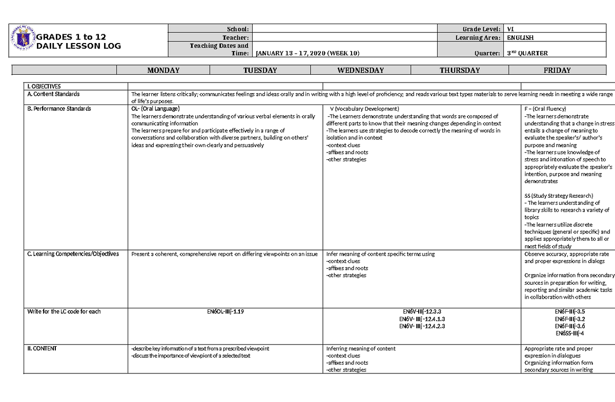 DLL English 6 Q3 W10 - DLP - GRADES 1 to 12 DAILY LESSON LOG School ...