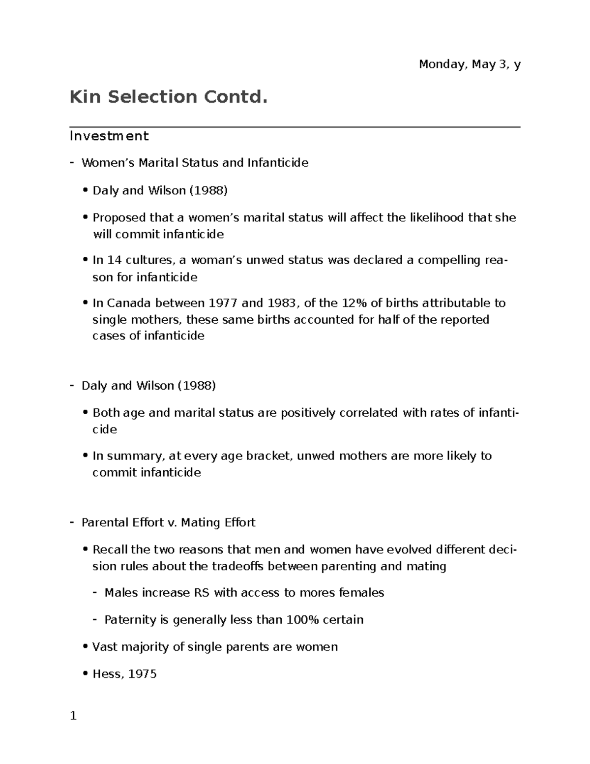 Kin Selection Contd - Investment - Women’s Marital Status and ...