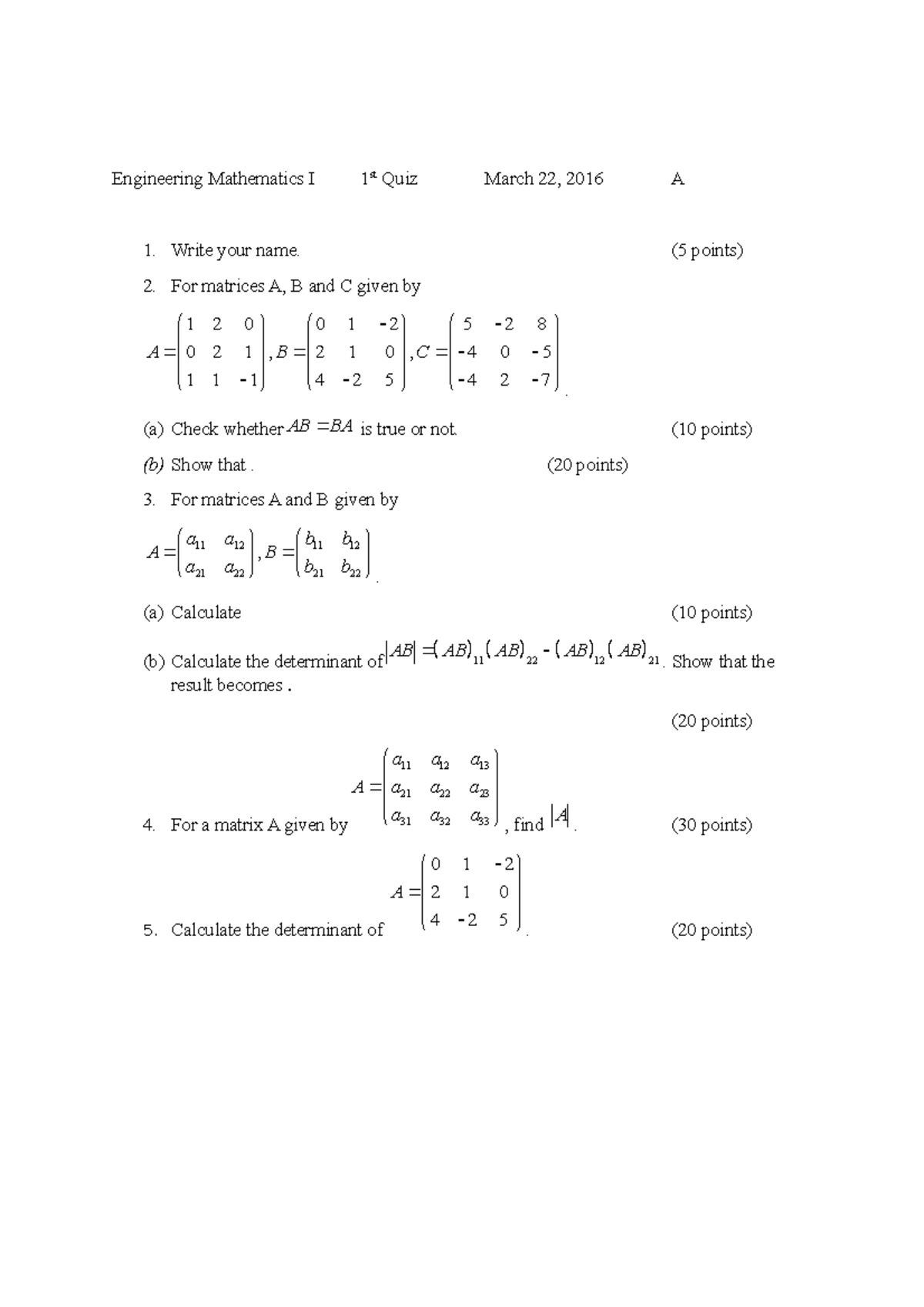 Engineering Mathematics I1st Quiz March 22 - Engineering Mathematics I ...