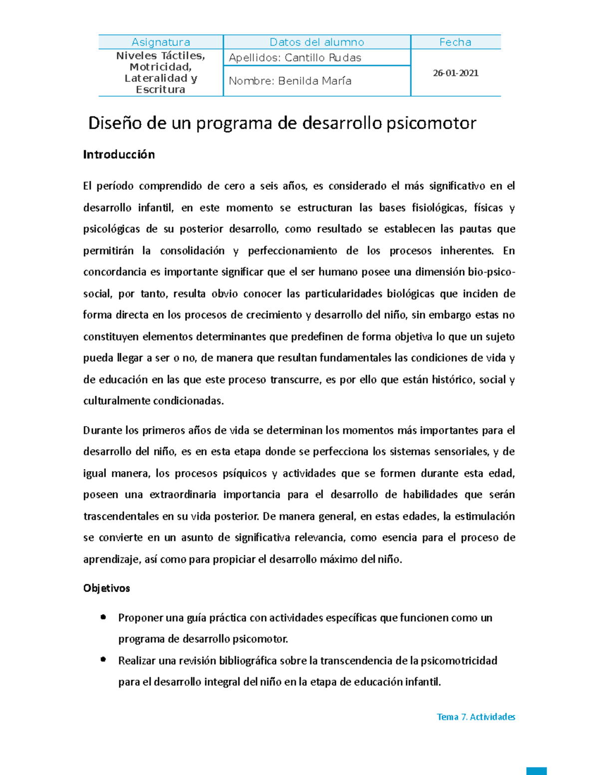 Diseño de un programa de desarrollo psicomotor - Niveles Táctiles, Motricidad, Lateralidad y ...