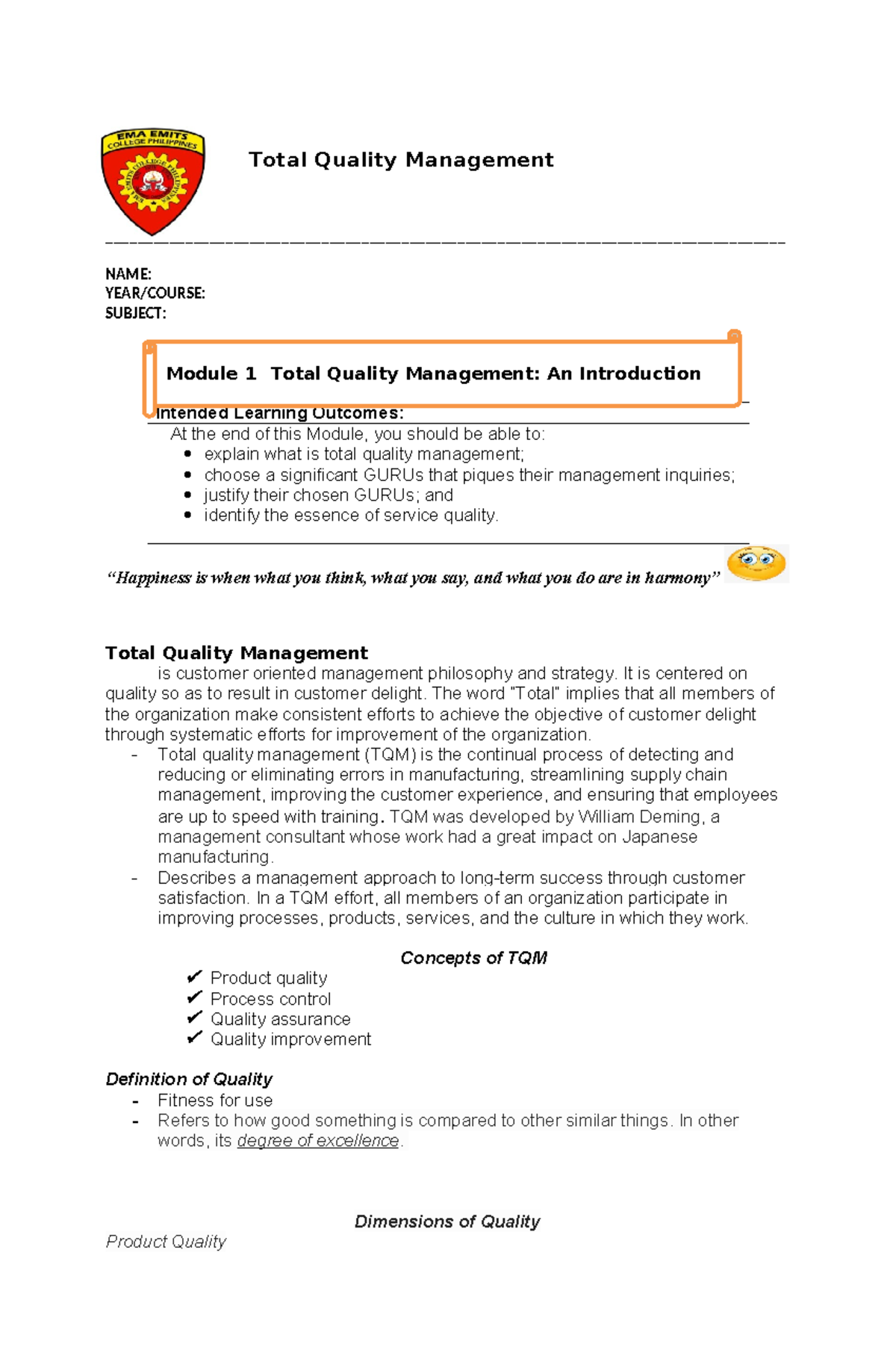 tqm lectures for business - Total Quality Management - Studocu