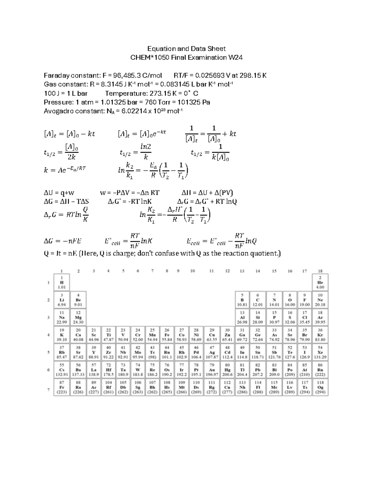 Equation Data Sheet for Final Exam W24 - Equation and Data Sheet CHEM ...