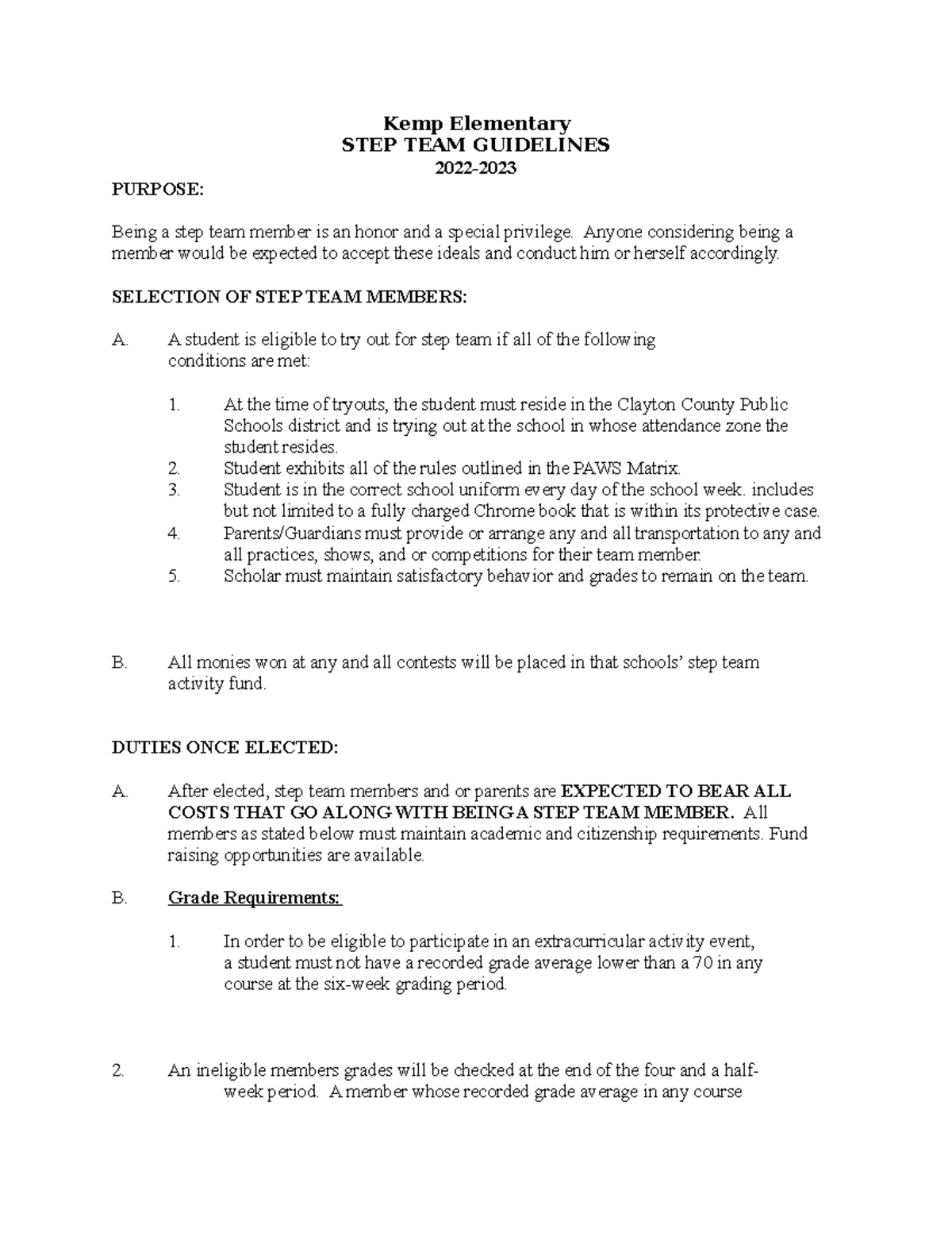 Guidelines - lkjadfng;kjq - Kemp Elementary STEP TEAM GUIDELINES 2022 ...