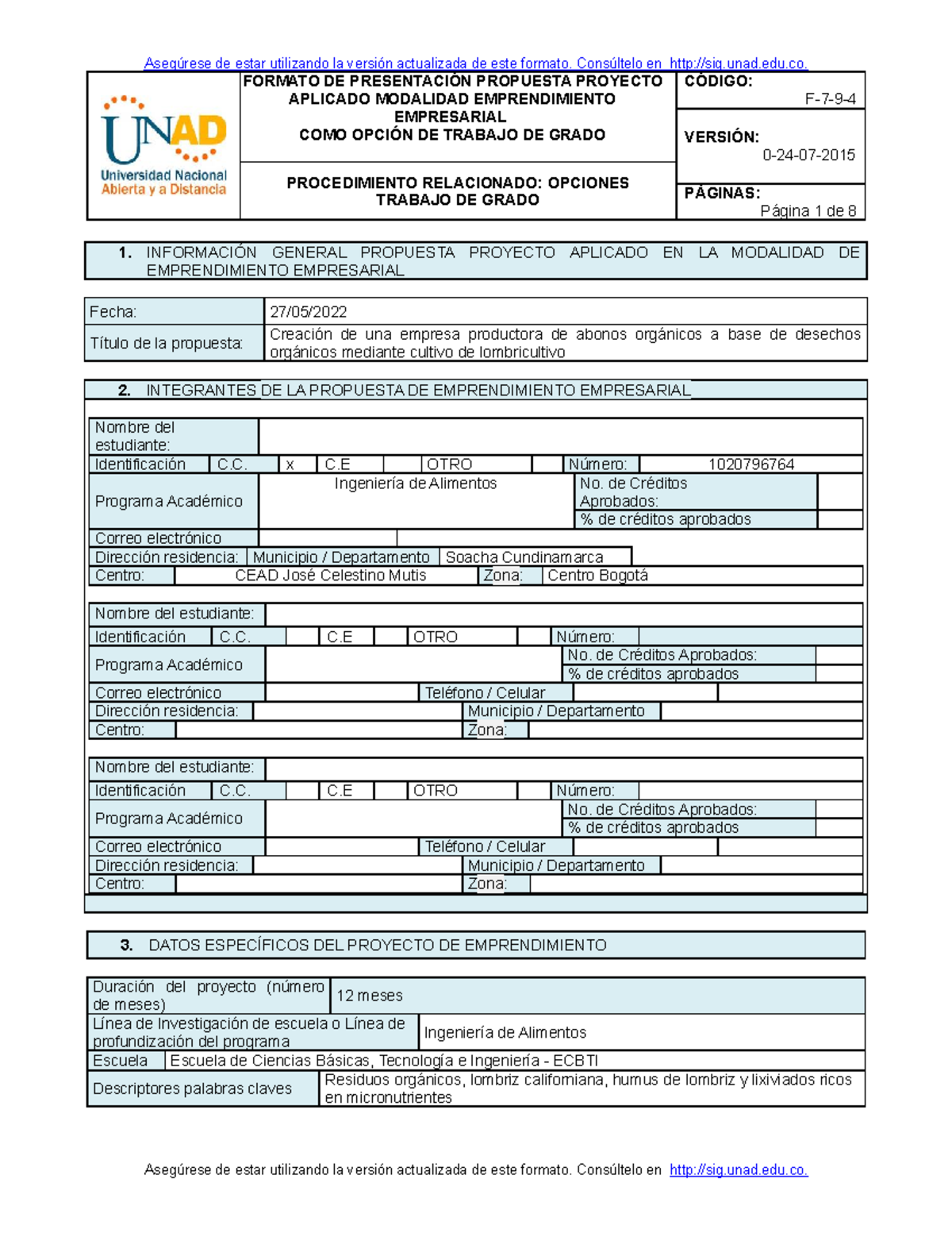 F-7-9-4 Formato Proyecto emprendmiento - FORMATO DE PRESENTACIÓN ...