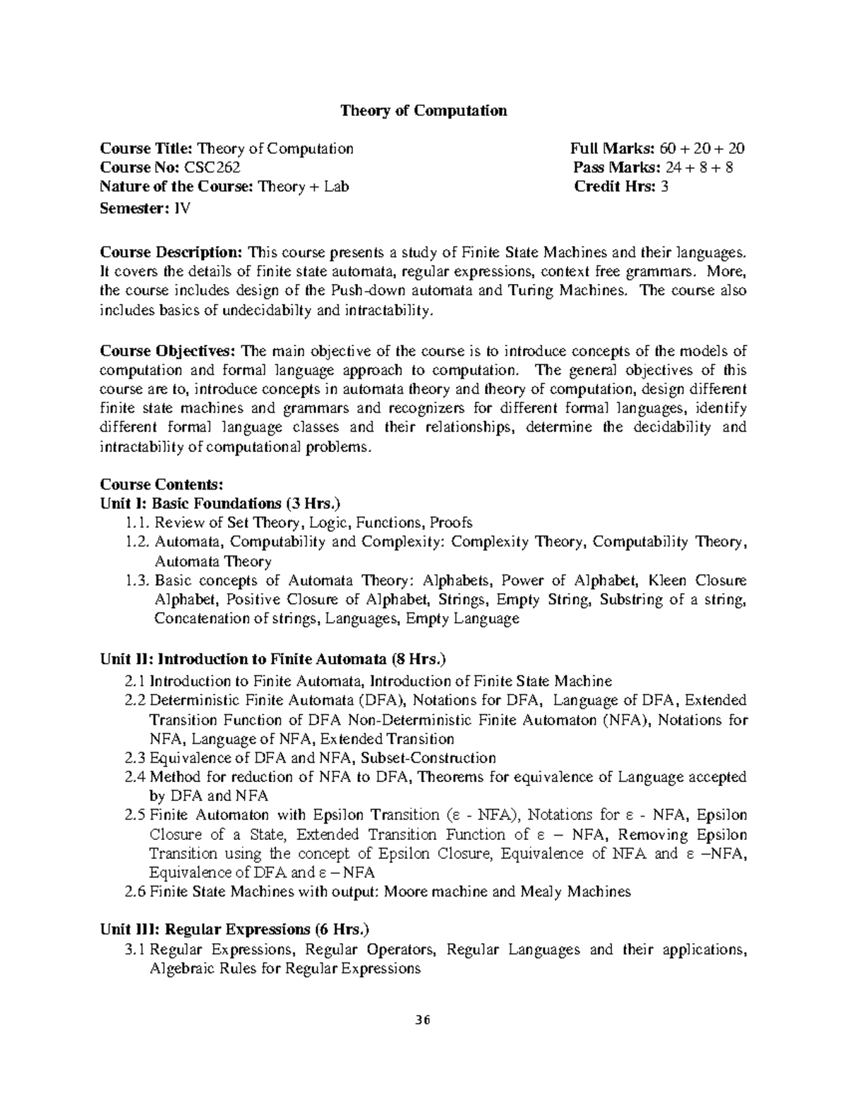 Computer Networks Theory Of Computation Course Title Theory Of Computation Full Marks 60