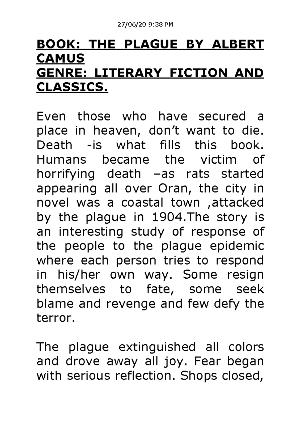 Book review -The Plague by Albert Camus - 27/06/20 9:38 PM BOOK: THE ...