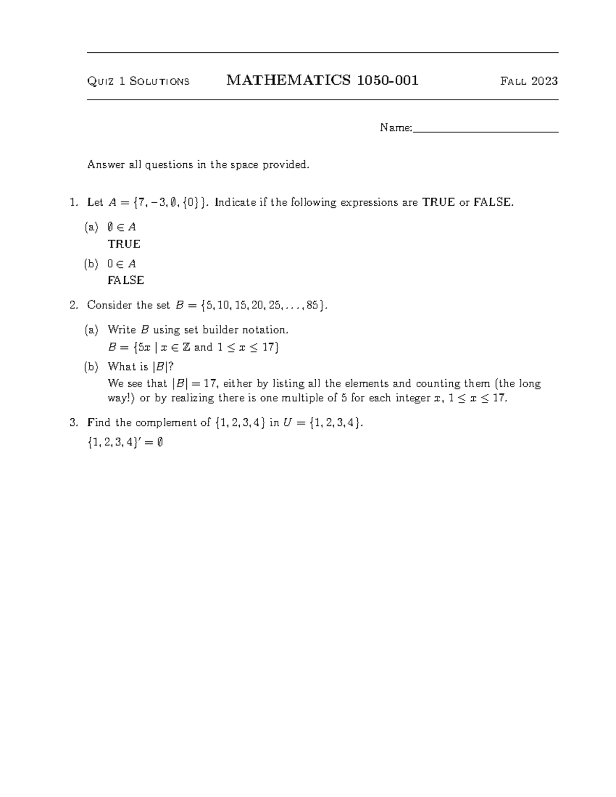 Quiz 1 solutions - Answers for Quiz 1 - Quiz 1 Solutions MATHEMATICS ...