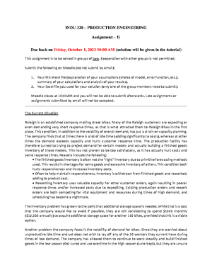Assignments 1 and 2 - assignment 1 and 2 - INDU 320 – PRODUCTION ...