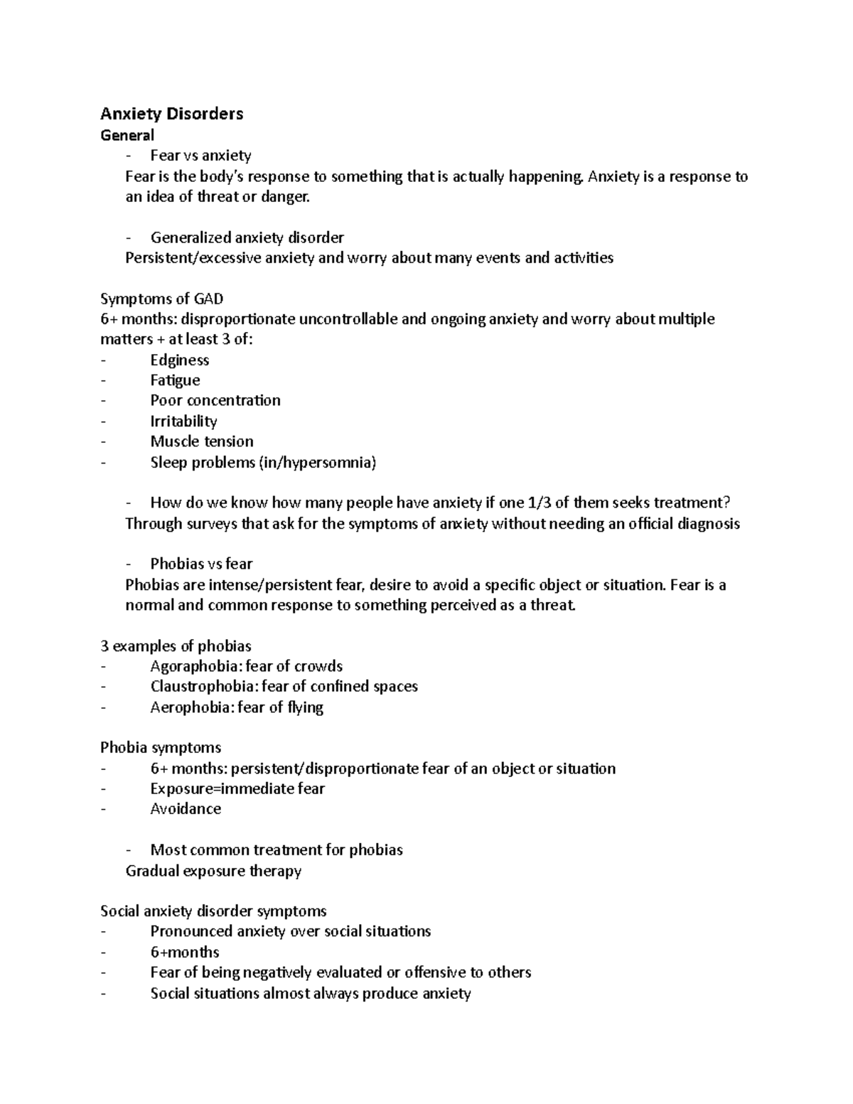 Behavioral Genetics (Study Guide 2) - Anxiety Disorders General - Fear ...