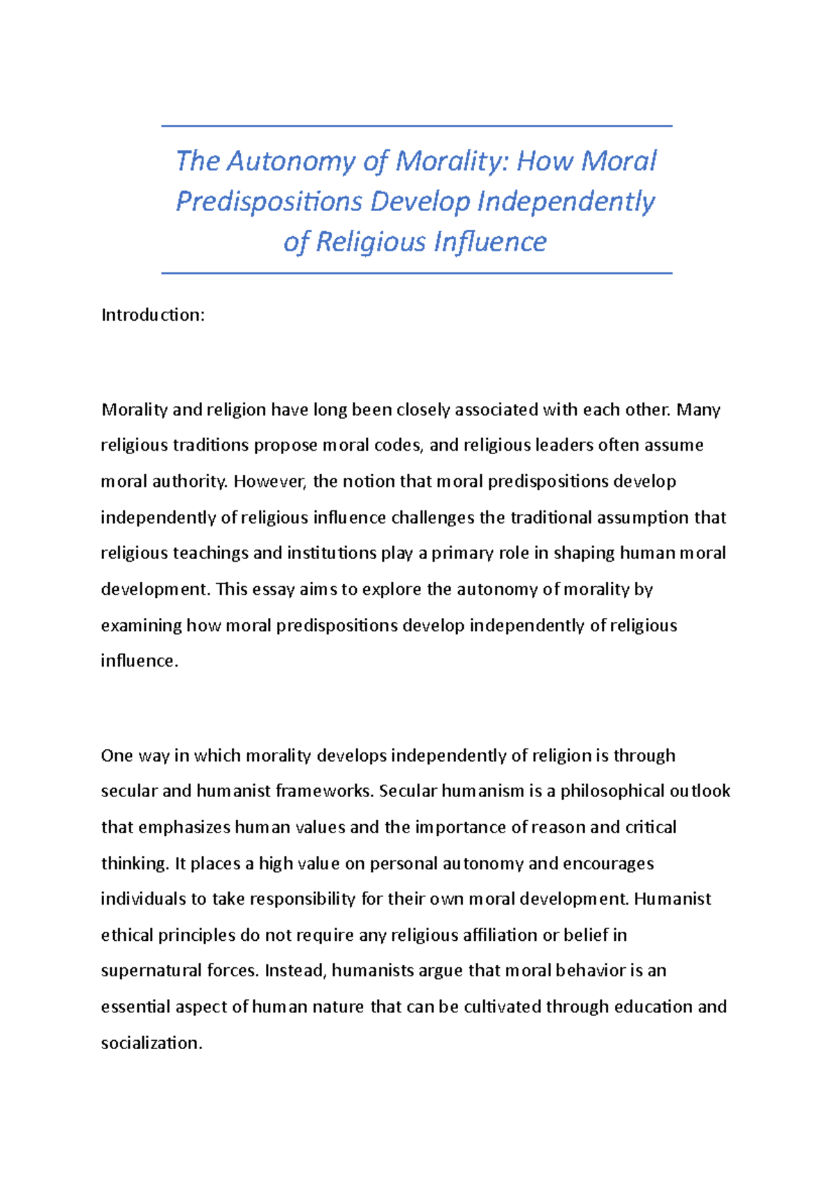 The Autonomy of Morality, How Moral Predispositions Develop Independently of Religious Influence ...