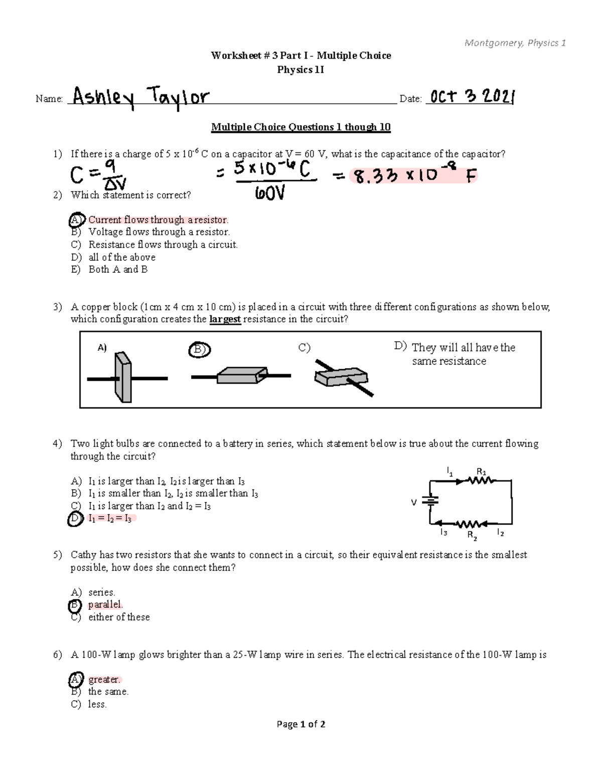 Worksheet 3 - Worksheet # 3 Part I - Multiple Choice Physics 1I Name: - Studocu