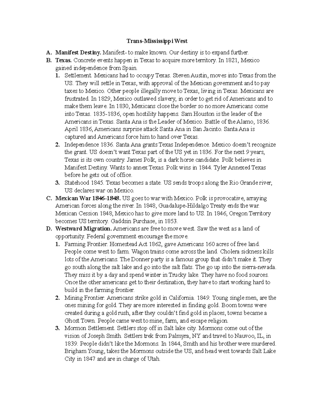 Exam 3 Notes - Trans-Mississippi West A. Manifest Destiny. Manifest- to ...