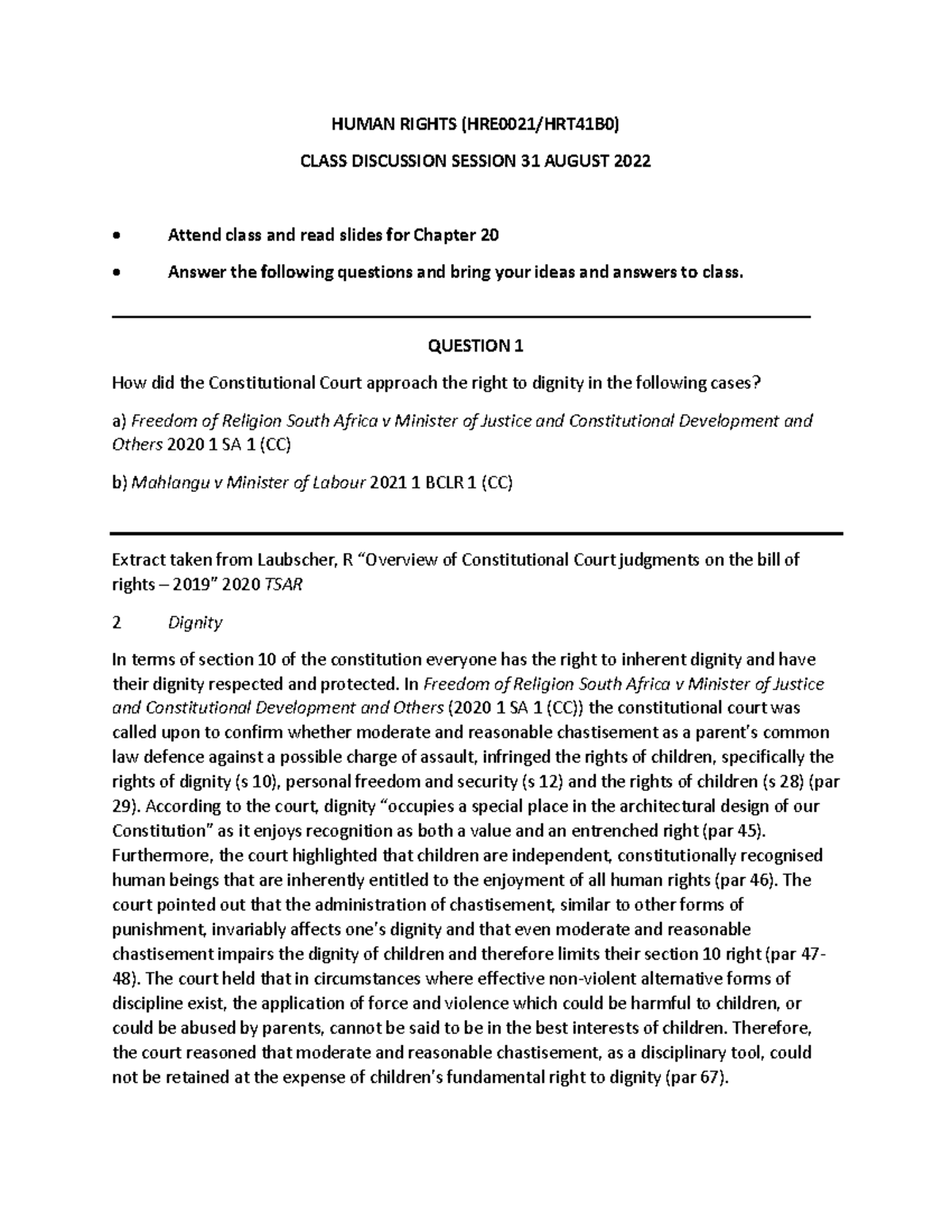 Chapter 20 class discussion - HUMAN RIGHTS (HRE0021/HRT41B0) CLASS ...