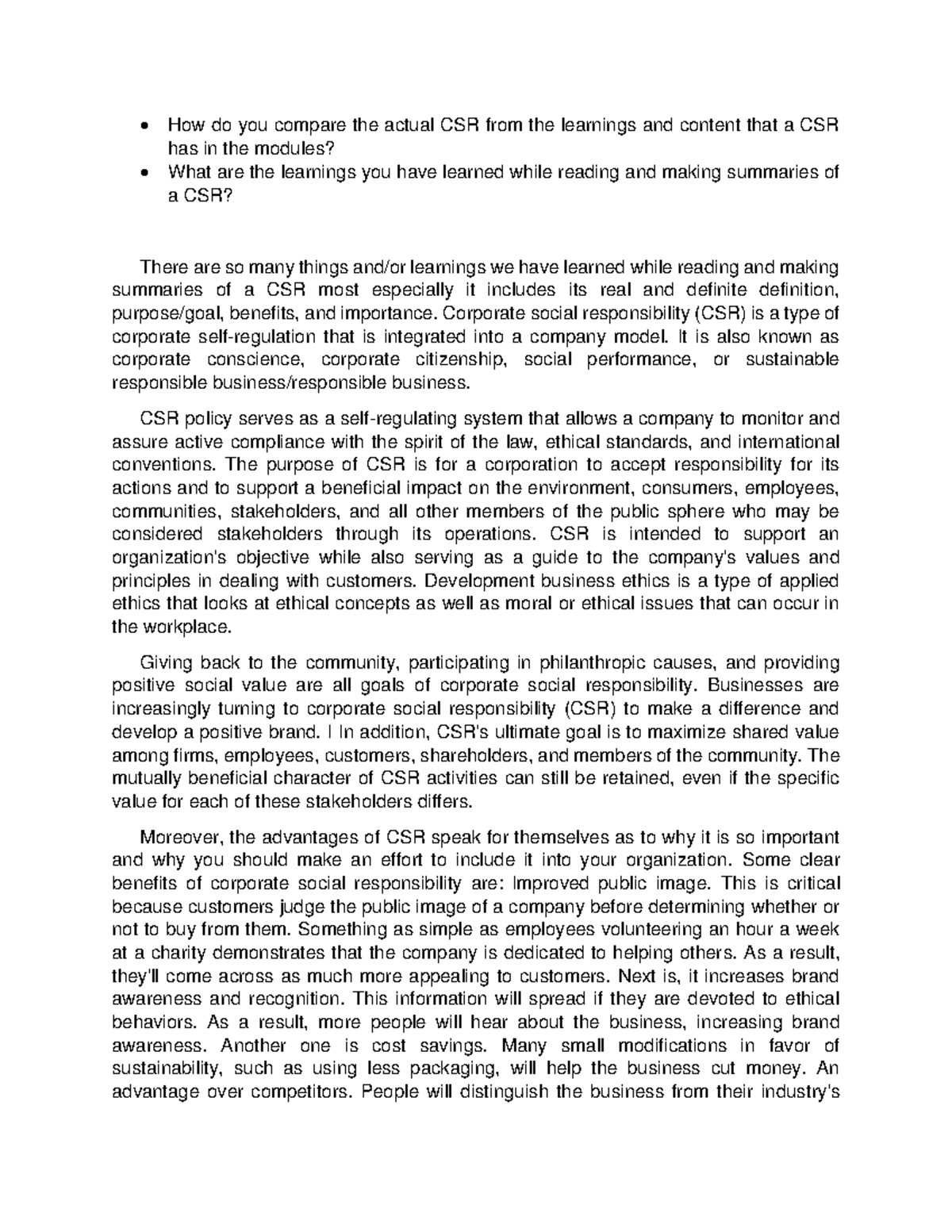 Corporate social responsibility (CSR) - How do you compare the actual ...