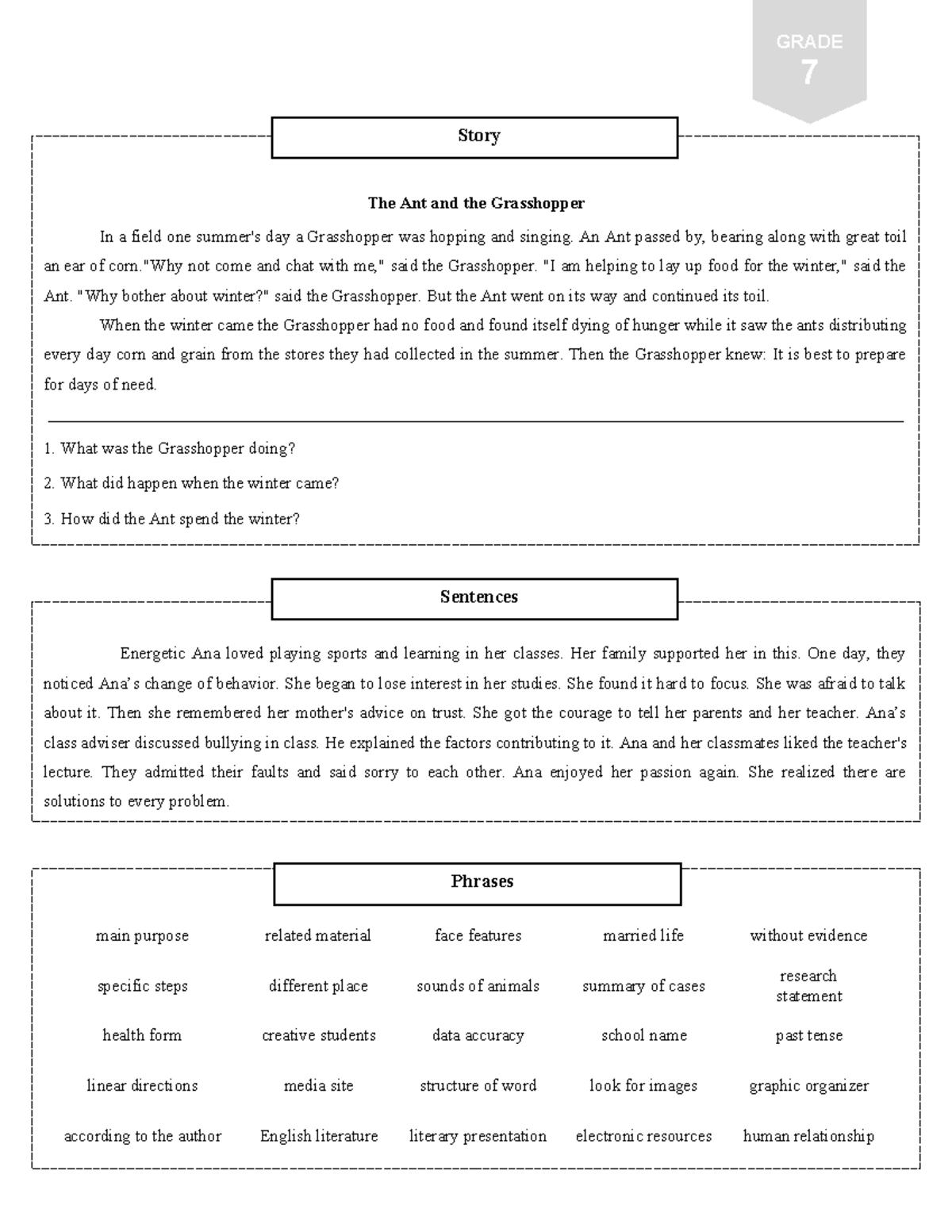G7 - Reading Materials - GRADE 7 The Ant and the Grasshopper In a field one summer's day a - Studocu