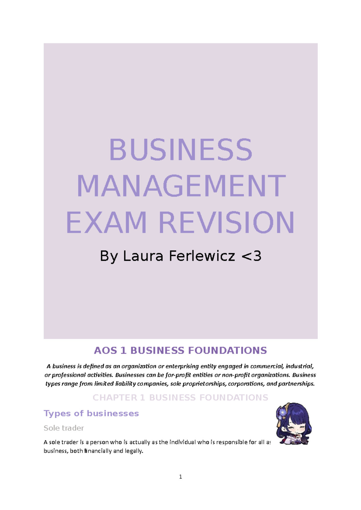 EXAM Notes - yay - BUSINESS MANAGEMENT EXAM REVISION By Laura Ferlewicz