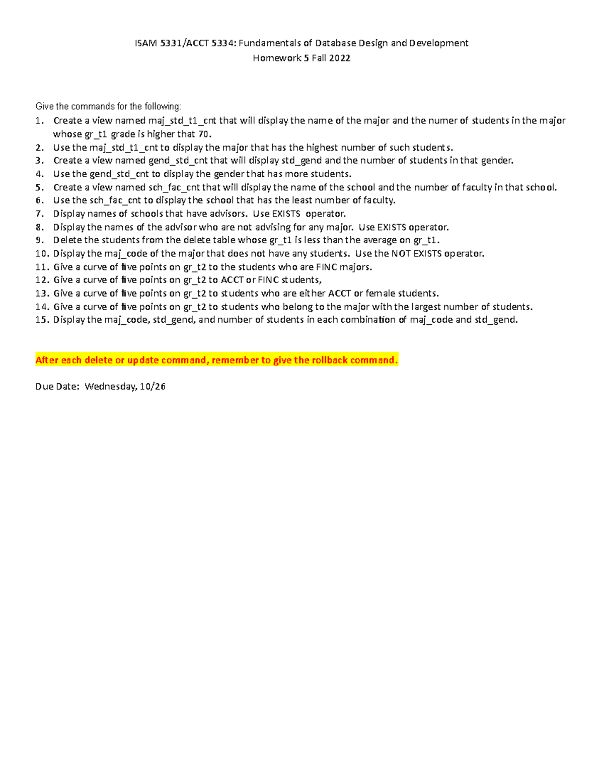 Mis5331 Z Homework 5 Sql Practice Questions Isam 5331acct 5334 Fundamentals Of Database 