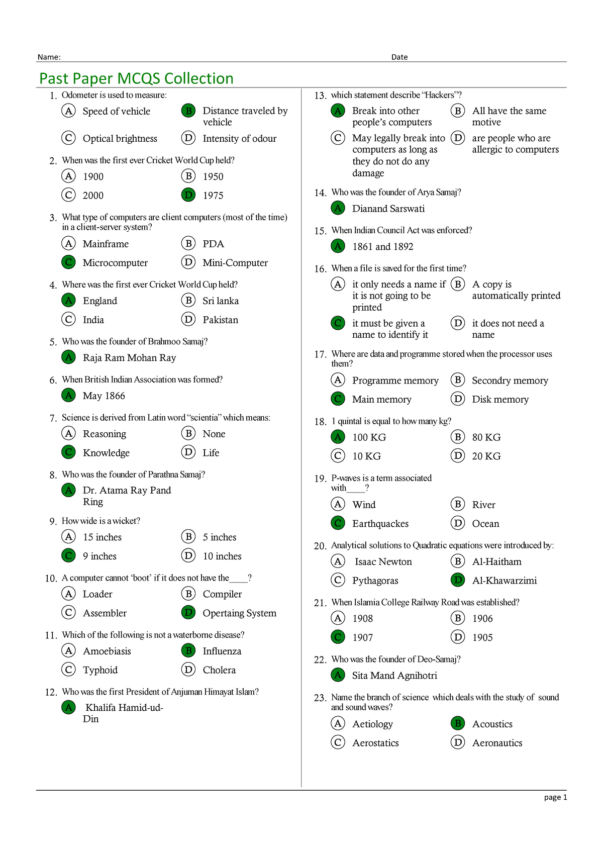 999 Most Repeated MCQs collection PPSC FPSC - Name: Date Past Paper ...