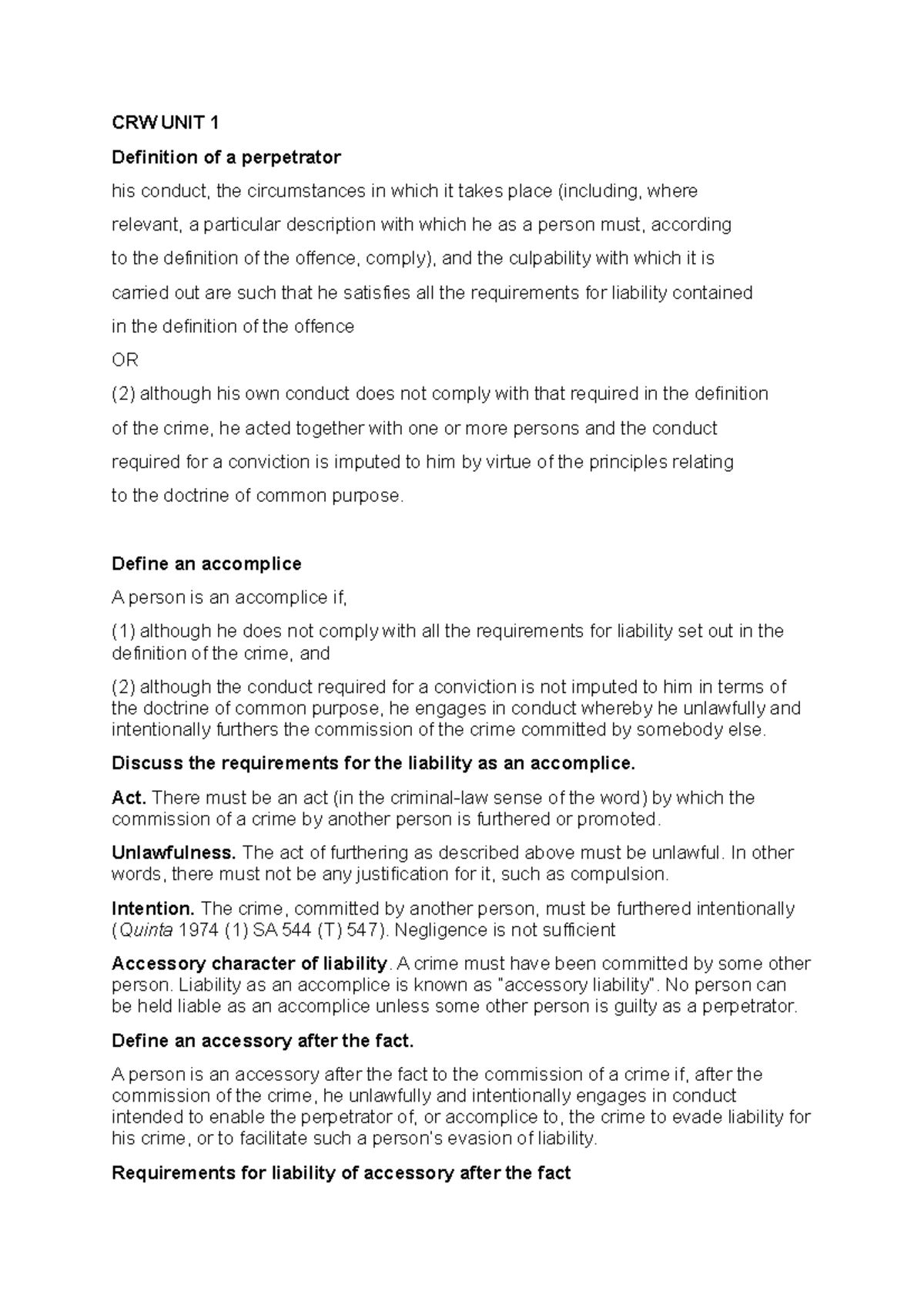 CRW2603 Definitions - CRW UNIT 1 Definition of a perpetrator his ...