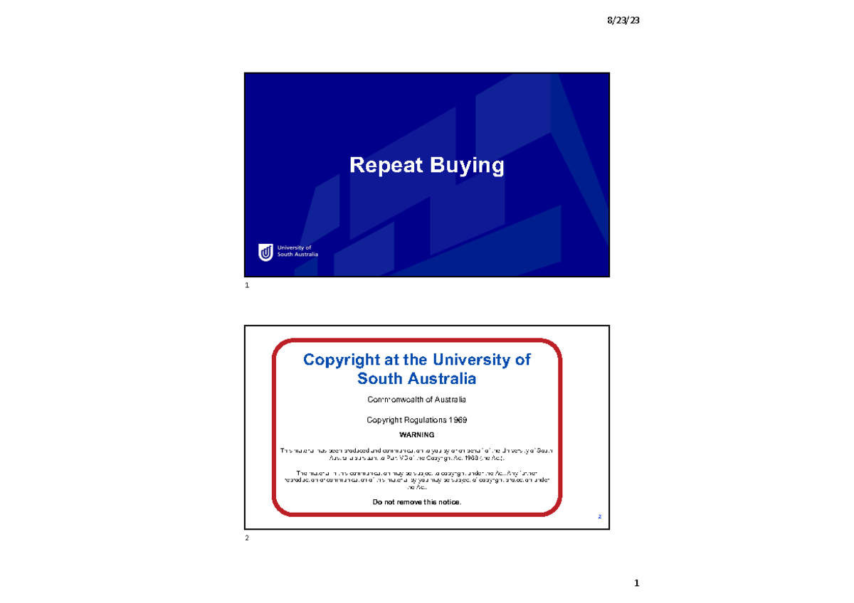 Week 3 Lecture Handouts-Repeat Buying - Repeat Buying 1 Copyright at ...