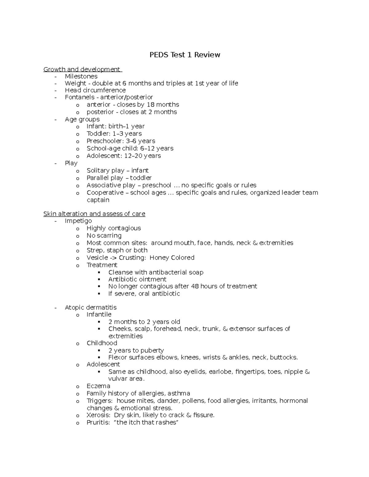 Peds Test 1 Review - PEDS Test 1 Review Growth and development ...