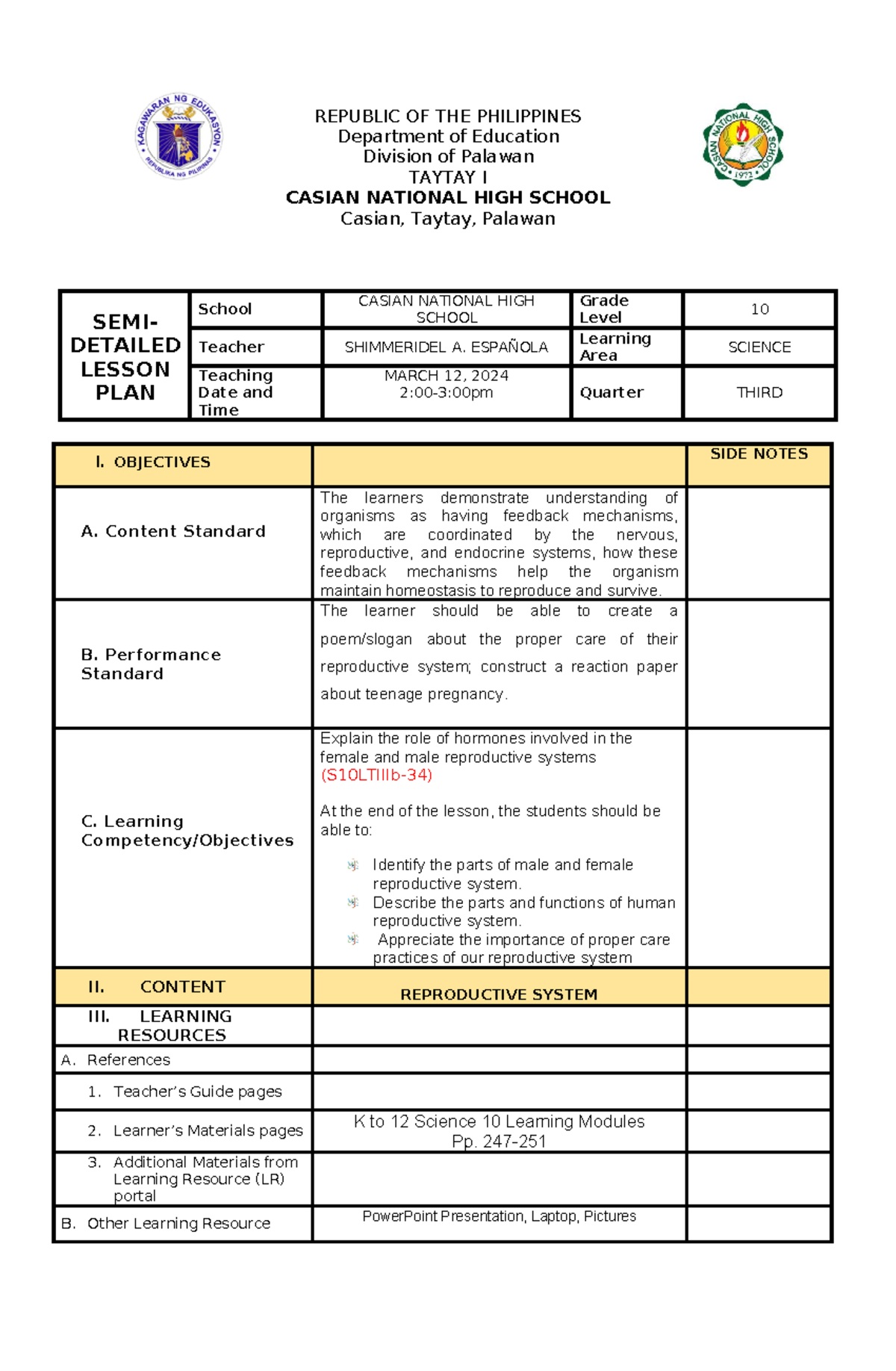 Lesson Plan 2023-2024 - REPUBLIC OF THE PHILIPPINES Department of ...