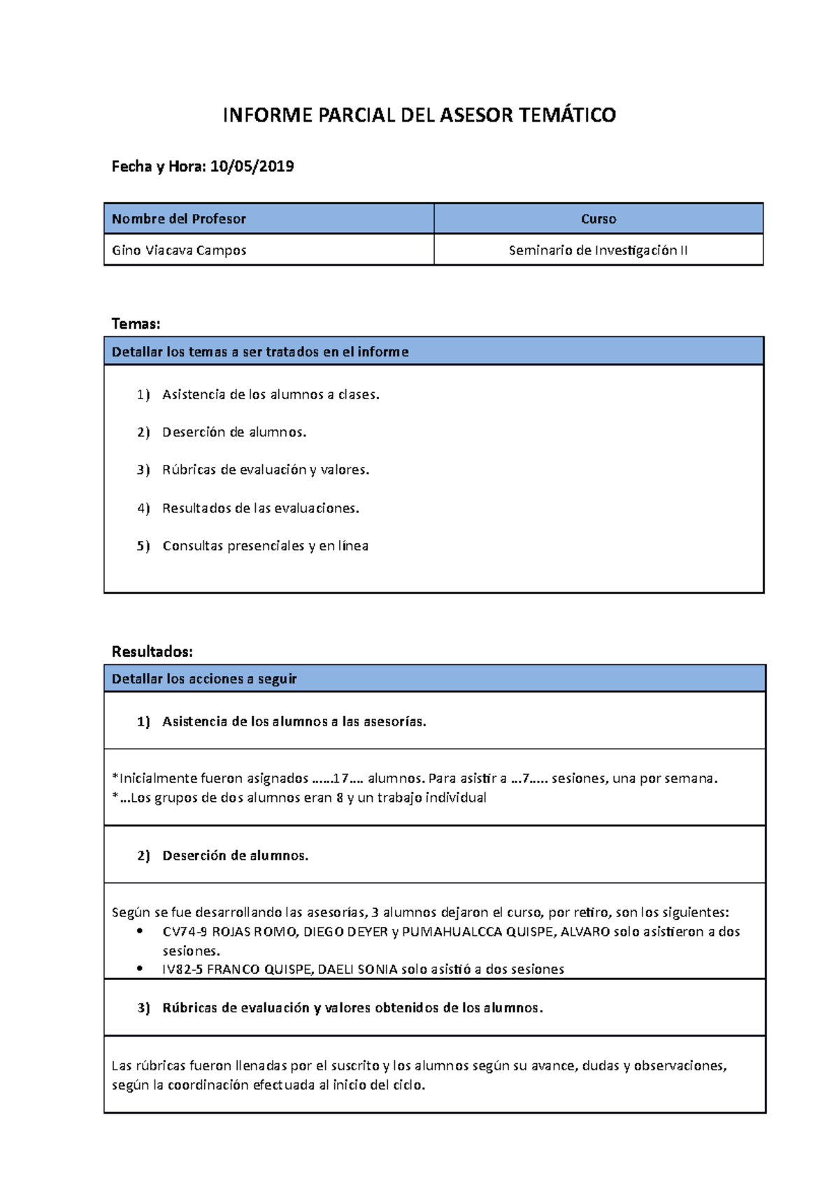 Informe Parcial Asesor Tematico 2019-1 - INFORME PARCIAL DEL ASESOR ...