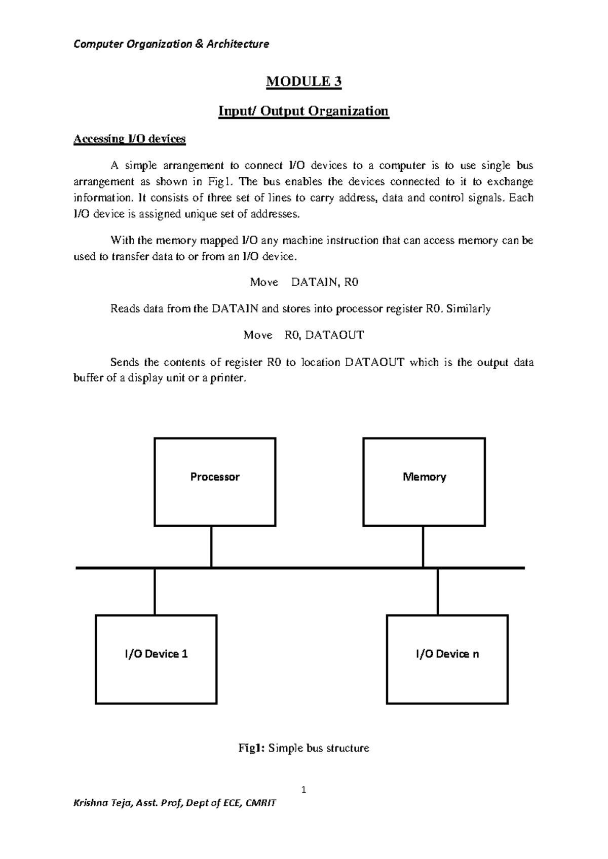 CO module 3 - lecture notes for students - 1 MODULE 3 Input/ Output ...