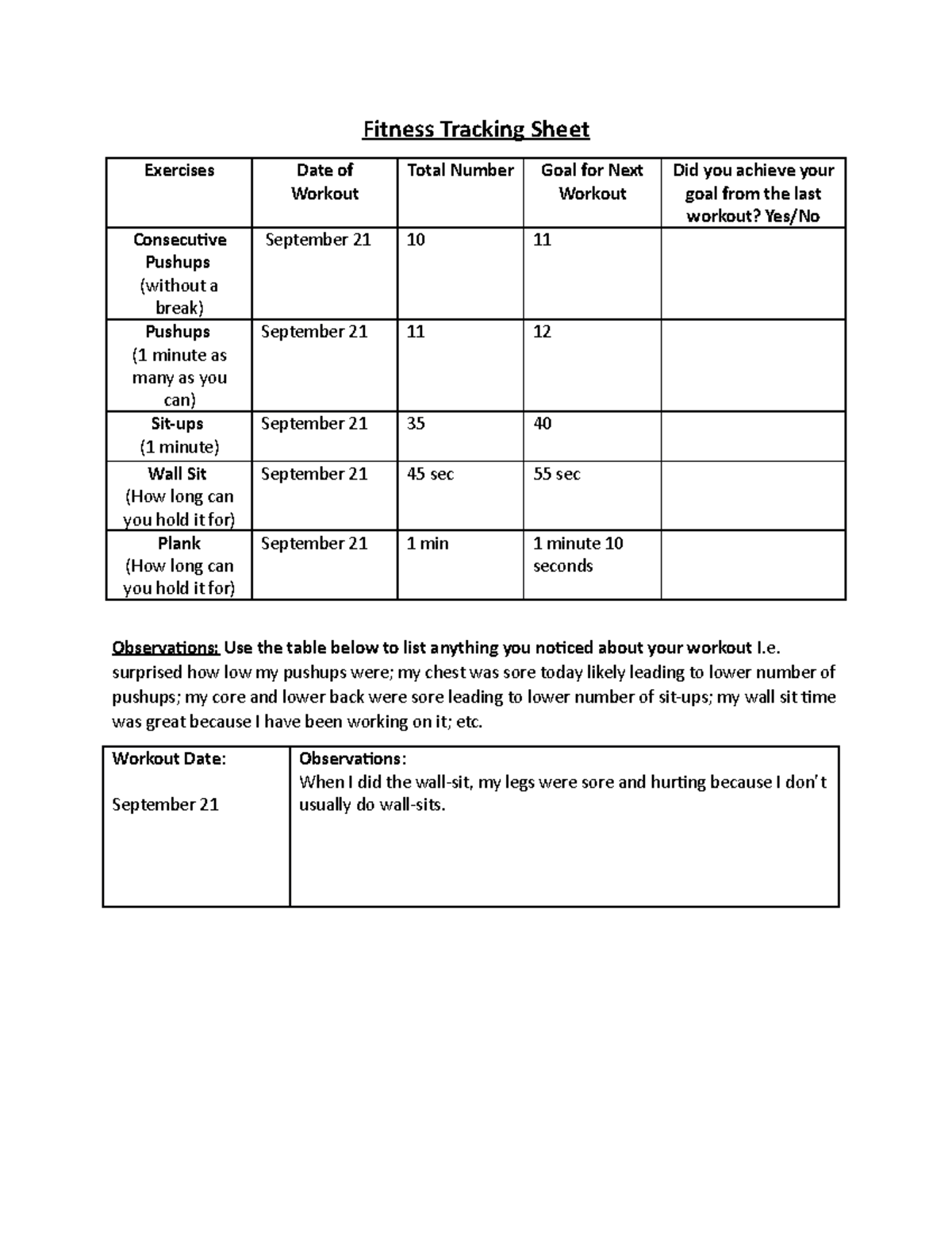 Fitness Tracking Sheet - Fitness Tracking Sheet Exercises Date of ...