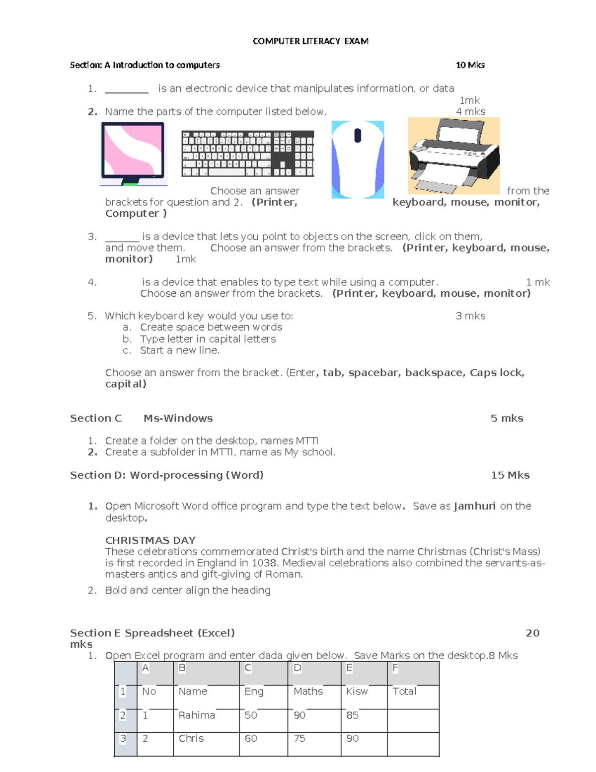 Computer literacy exam - COMPUTER LITERACY EXAM Section: A Introduction ...