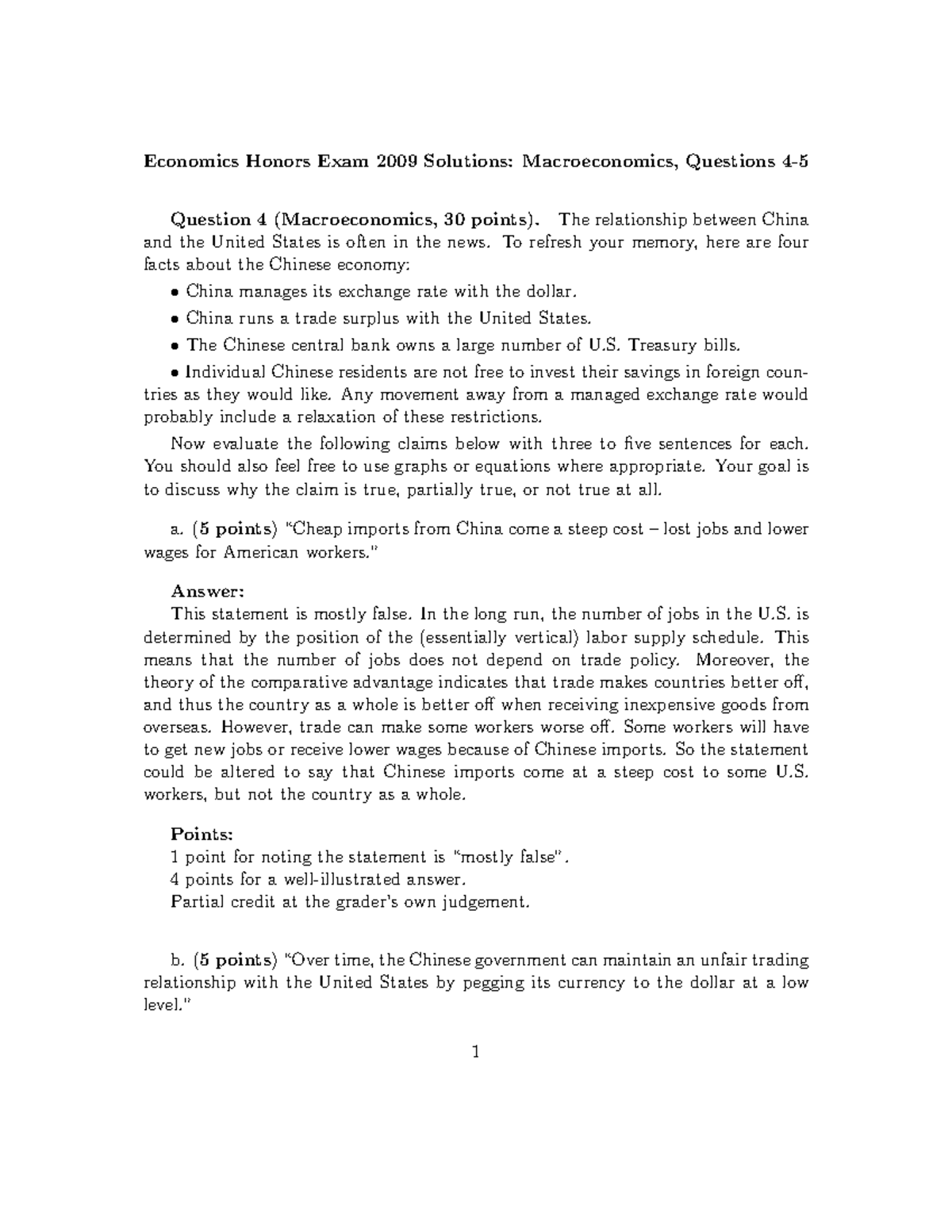 2009 macro solutions 4-5 - Economics Honors Exam 2009 Solutions ...