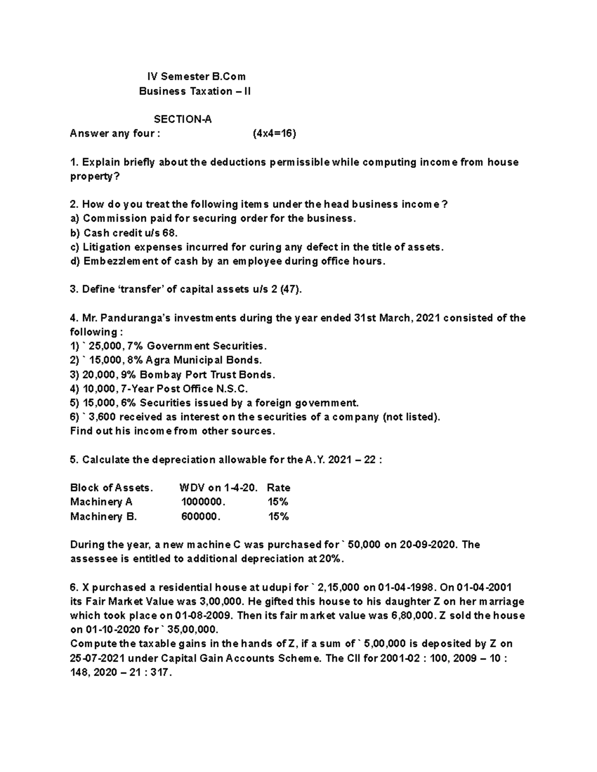 Business Taxation-II - IV Semester B Business Taxation – II SECTION-A ...